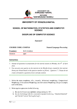 Tutorial I - Tut / - UNIVERSITY OF KWAZULU-NATAL SCHOOL OF MATHEMATICS, STATISTICS AND COMPUTER ...