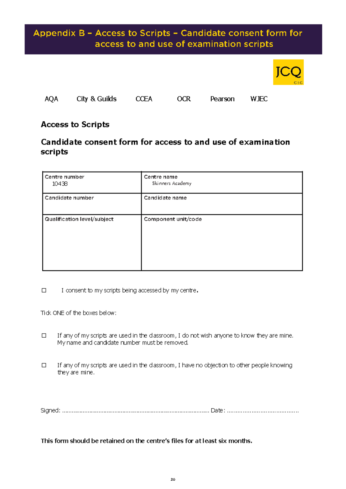 Access To Script Permission 20 Appendix B Access To Scripts Candidate Consent Form For
