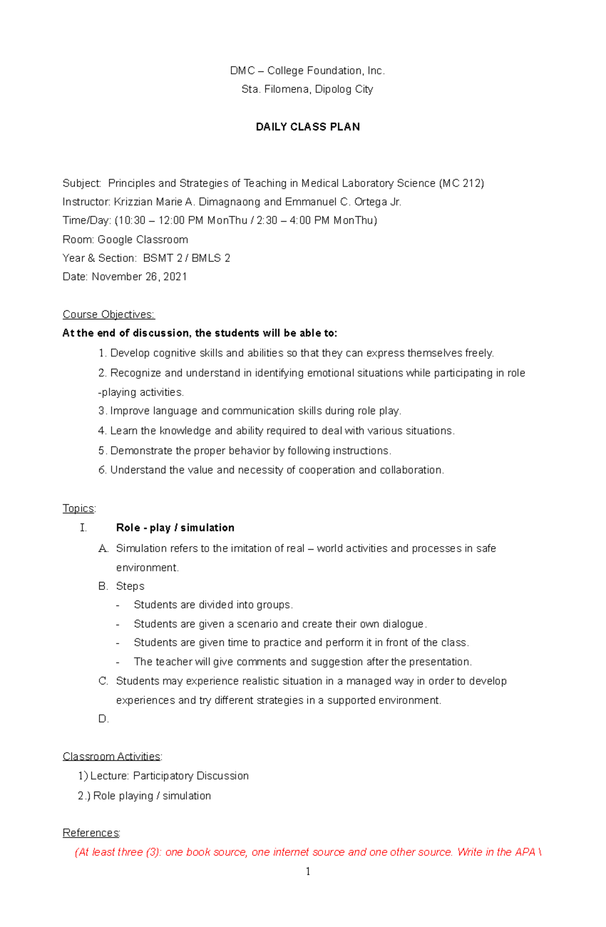 Daily Class Plan (Template) - DMC – College Foundation, Inc. Sta ...