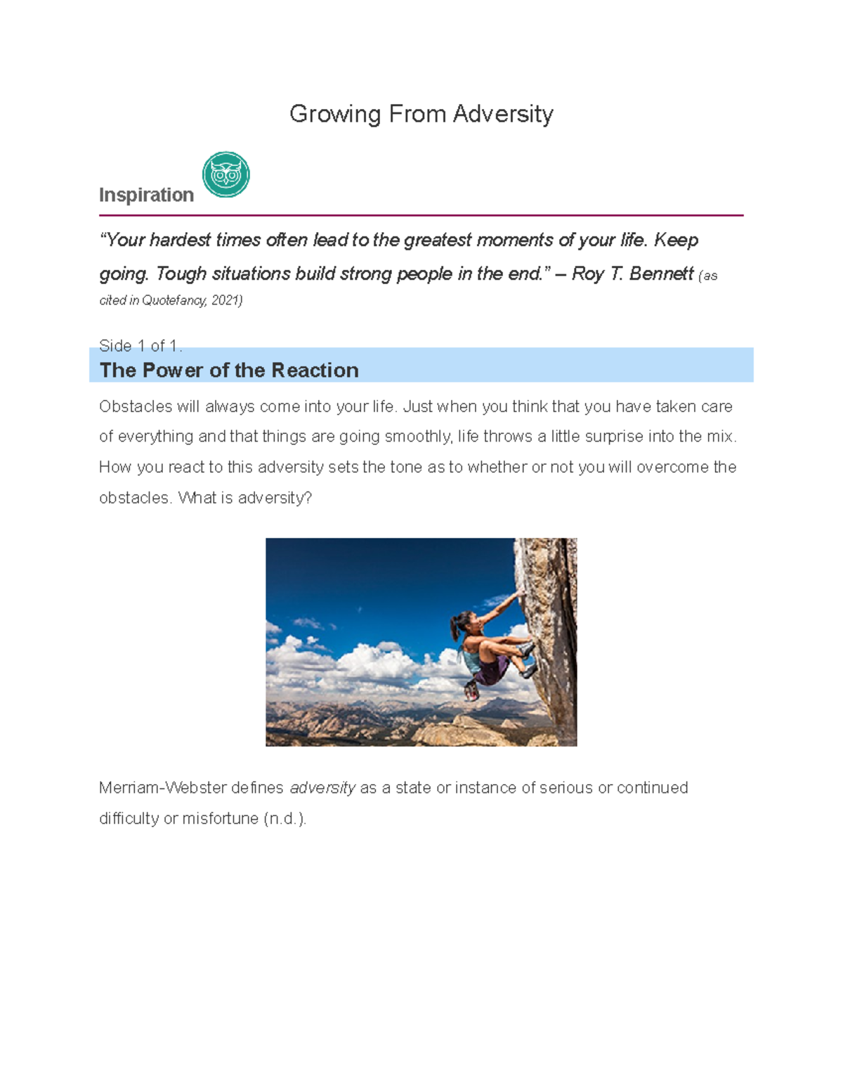 Unit 3 - Ellen Beattle Class - Growing From Adversity Inspiration “Your ...