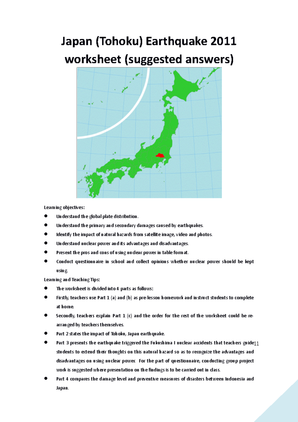 Tohoku, Japan earthquake worksheet (suggested answers - english version ...
