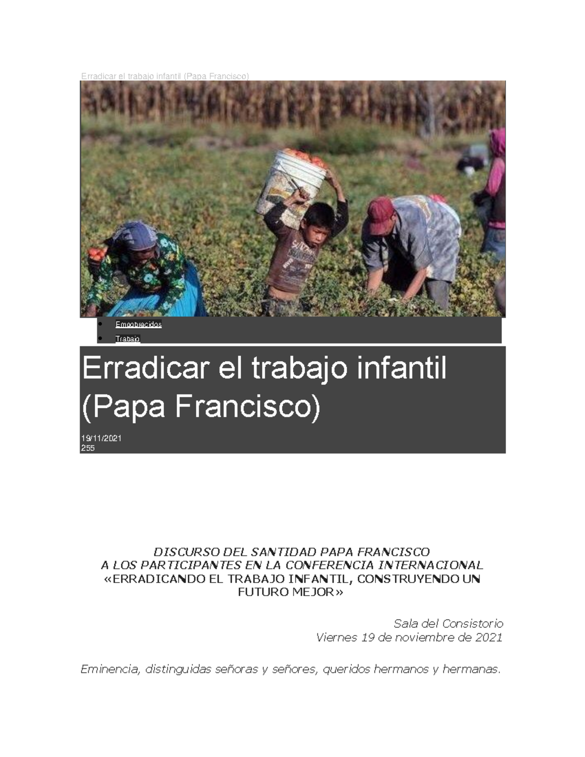 Erradicar el Trabajo Infantil - Tengo el placer de darles la bienvenida ...