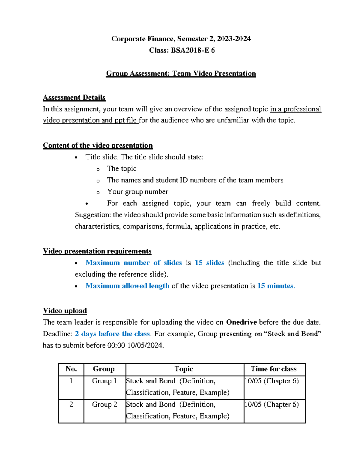 Group-assessment - Group - Corporate Finance, Semester 2 , 2023- 2024 Class: BSA2018-E 6 Group ...