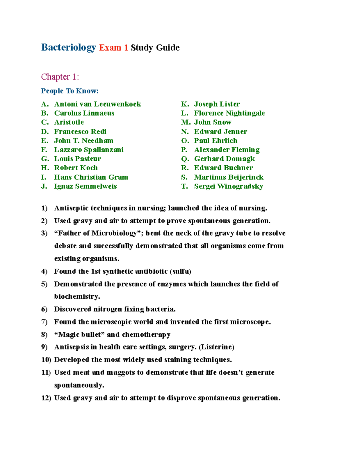 Bact 1 Study Guide - Bacteriology Exam 1 Study Guide Chapter 1: People ...
