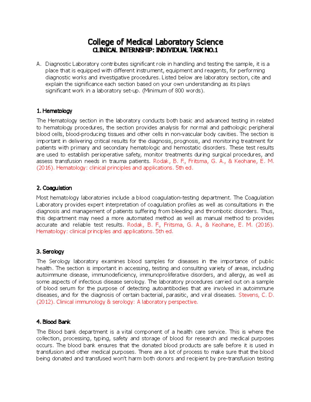 Diagnostic Laboratory Sections College of Medical Laboratory Science ...