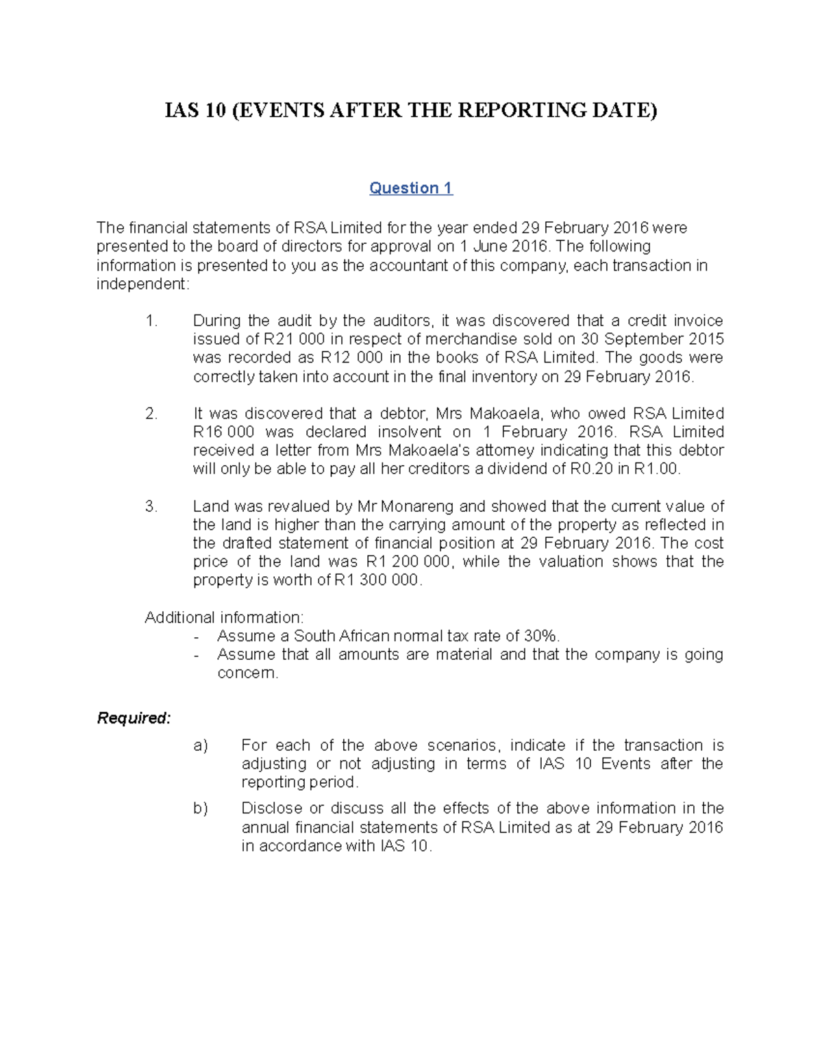 Question IAS 10 - STUDY PACK - IAS 10 (EVENTS AFTER THE REPORTING DATE ...