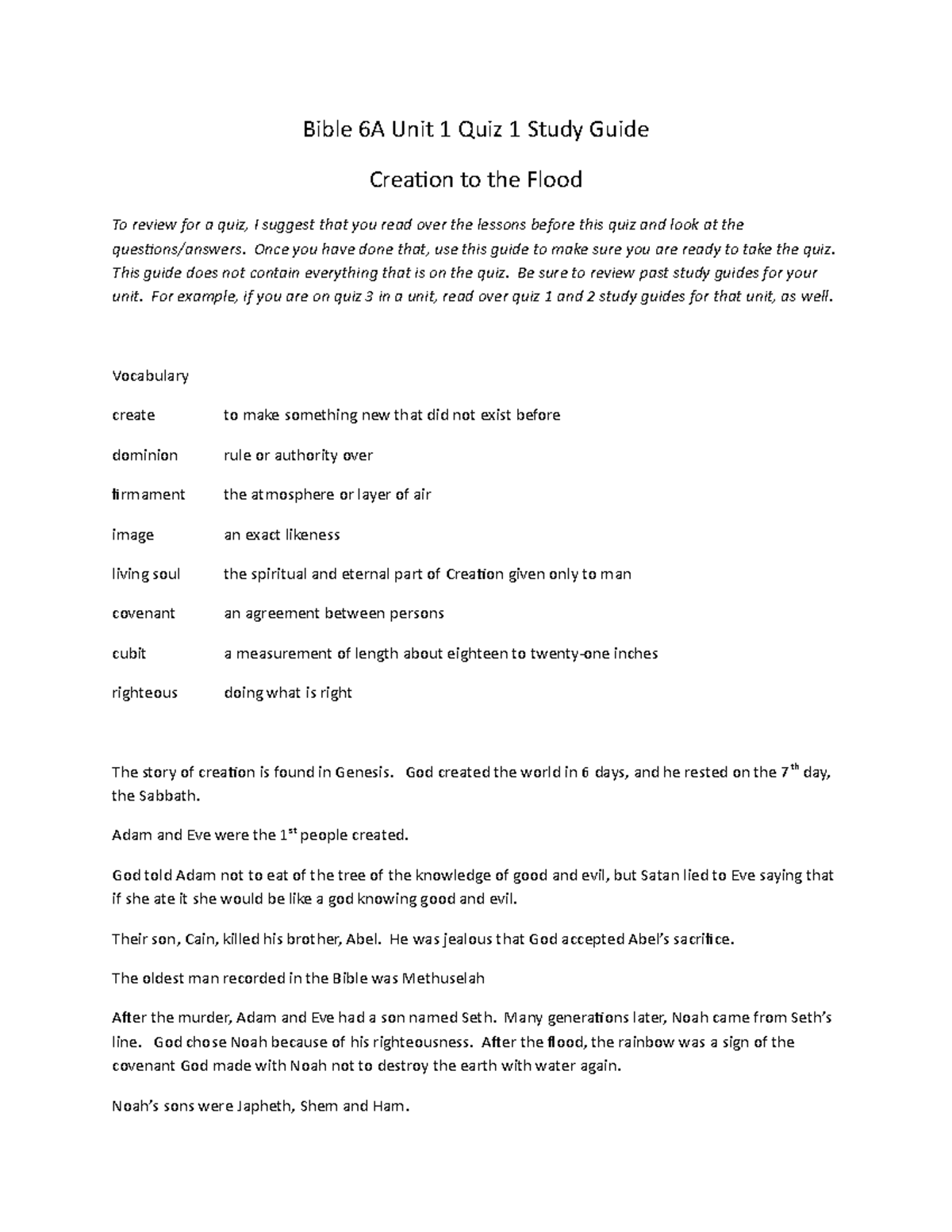 Bible 6A Unit 1 Quiz 1 Study Guide - Bible 6A Unit 1 Quiz 1 Study Guide ...