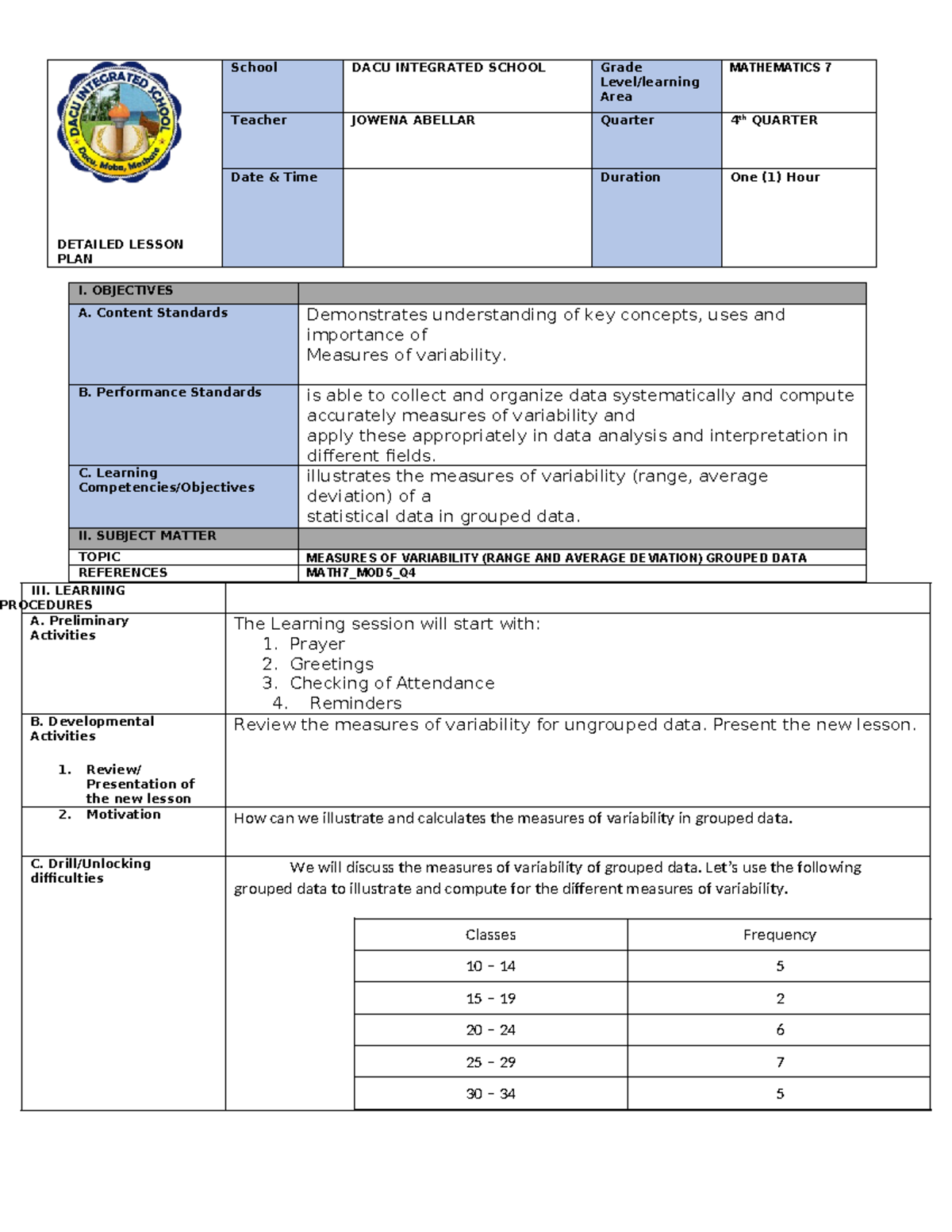 LP Grade 7 Measures OF Variability ( Range AND Average Deviation ...