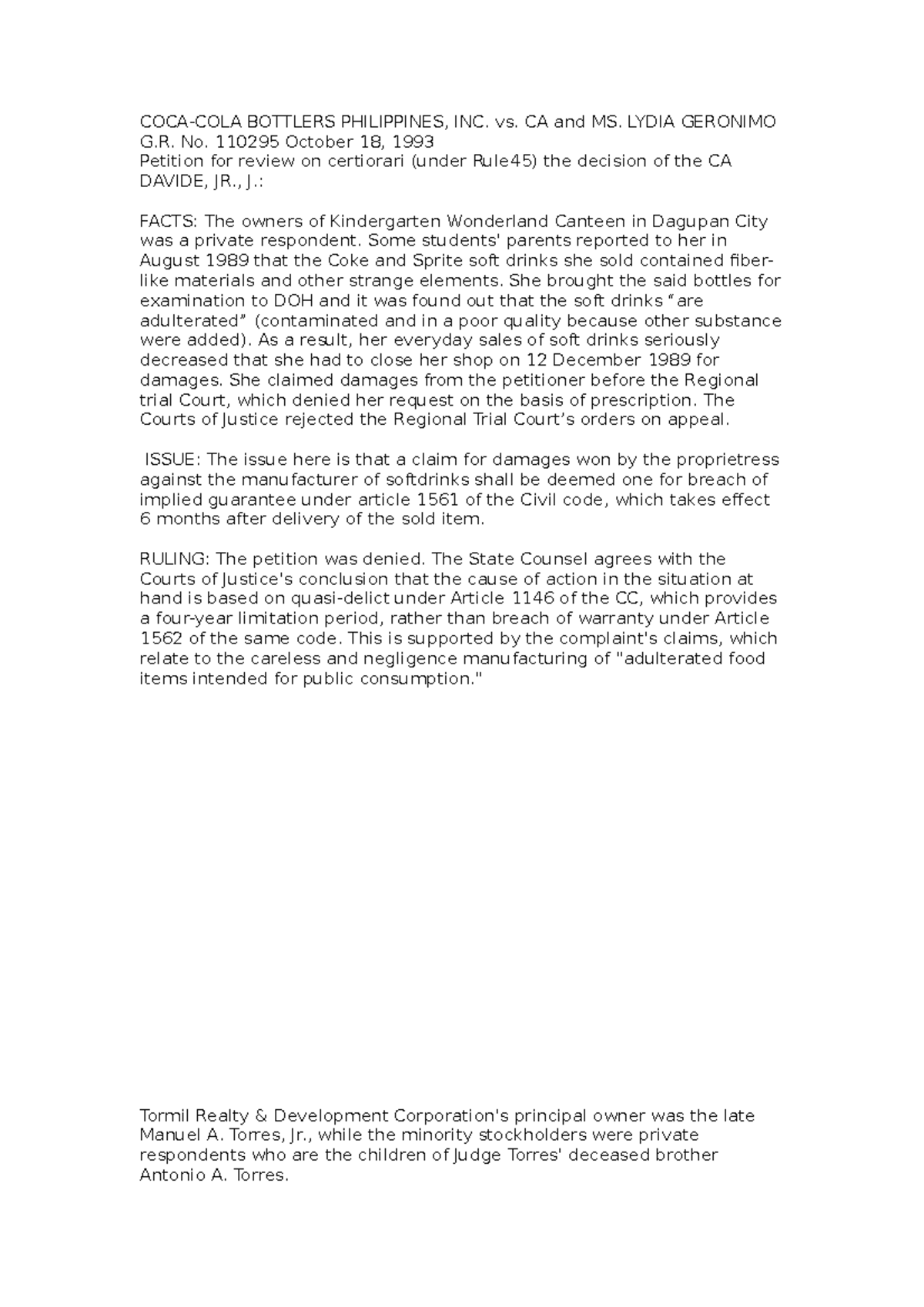 COCA COLA AND Tormil Realty - COCA-COLA BOTTLERS PHILIPPINES, INC. vs ...