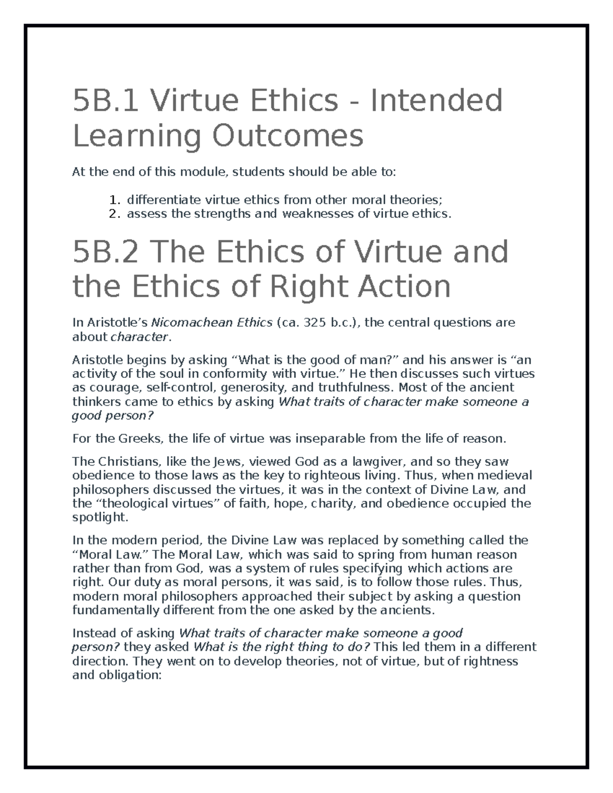 Ethics 12 - Lecture notes 3-7 - 5B Virtue Ethics - Intended Learning ...