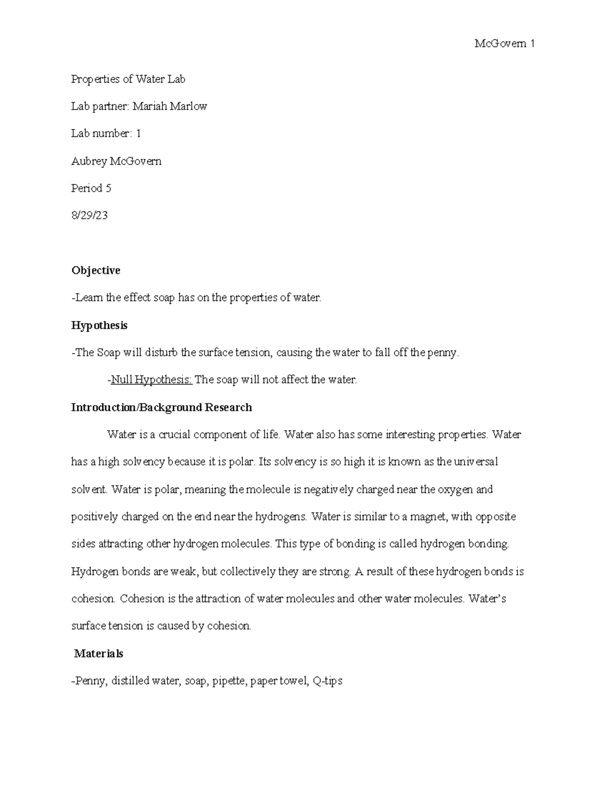 AP BIO Properties of Water Lab - Properties of Water Lab Lab partner ...