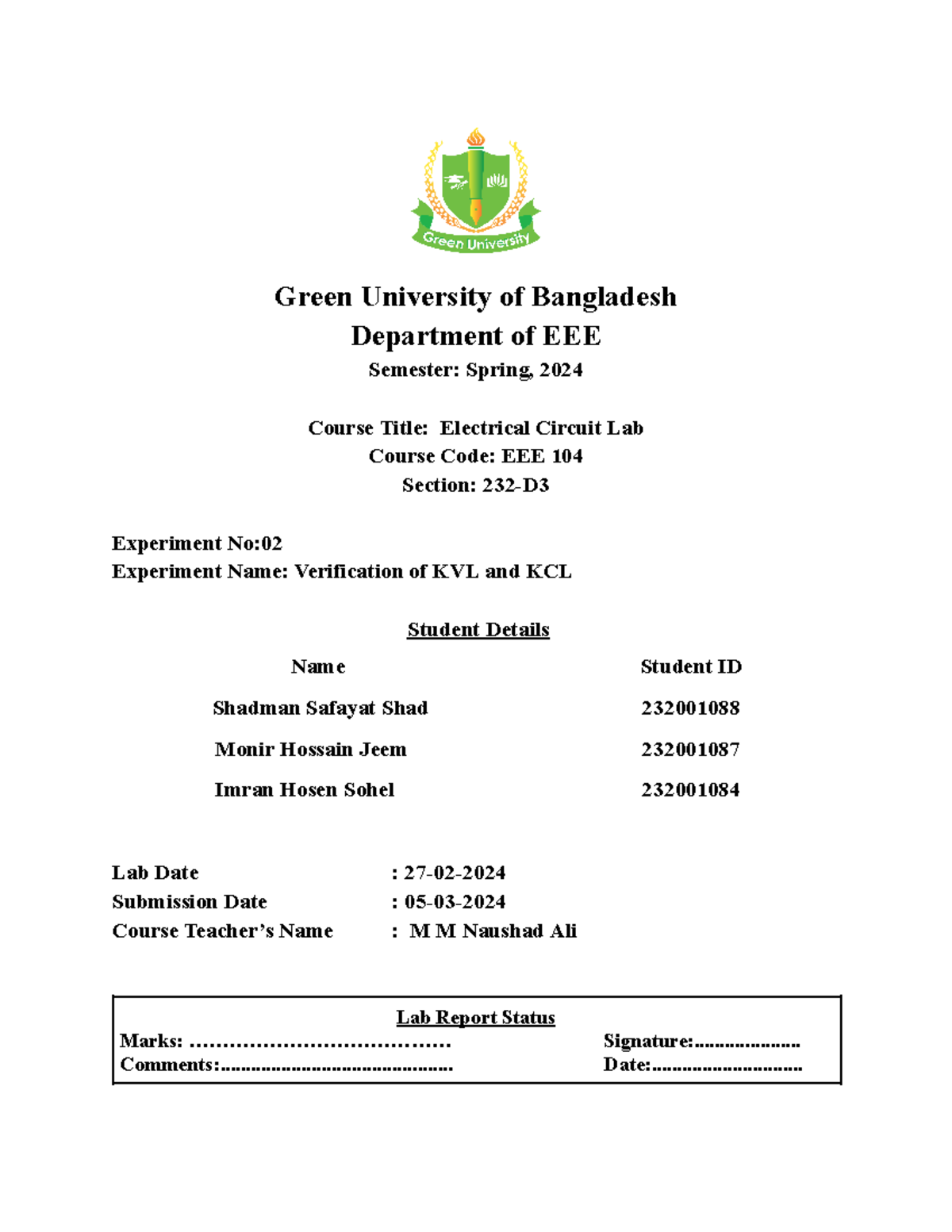 EEE 103 Lab report sample - Green University of Bangladesh Department ...