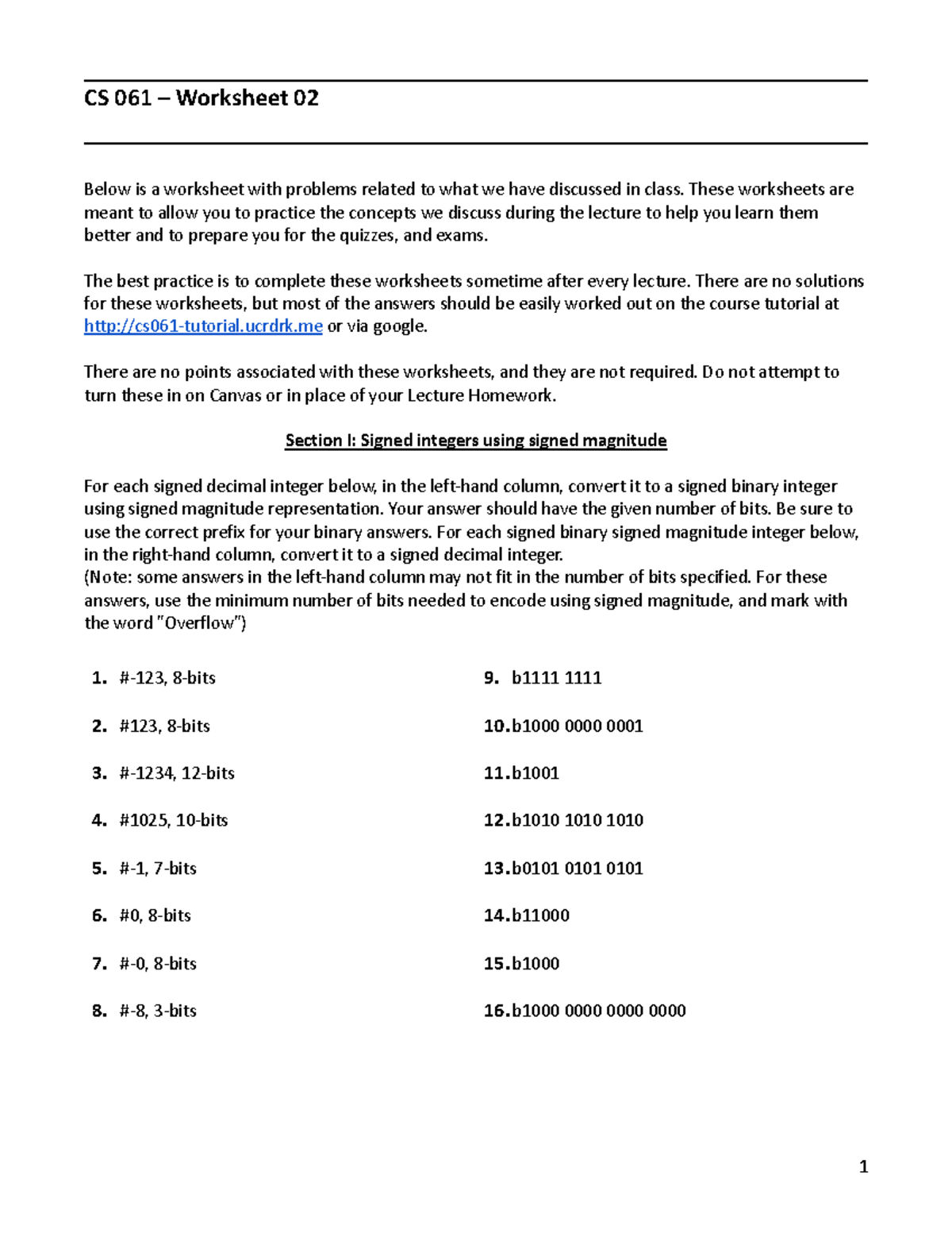 Worksheet 2 - CS 061 – Worksheet 02 Below is a worksheet with problems ...