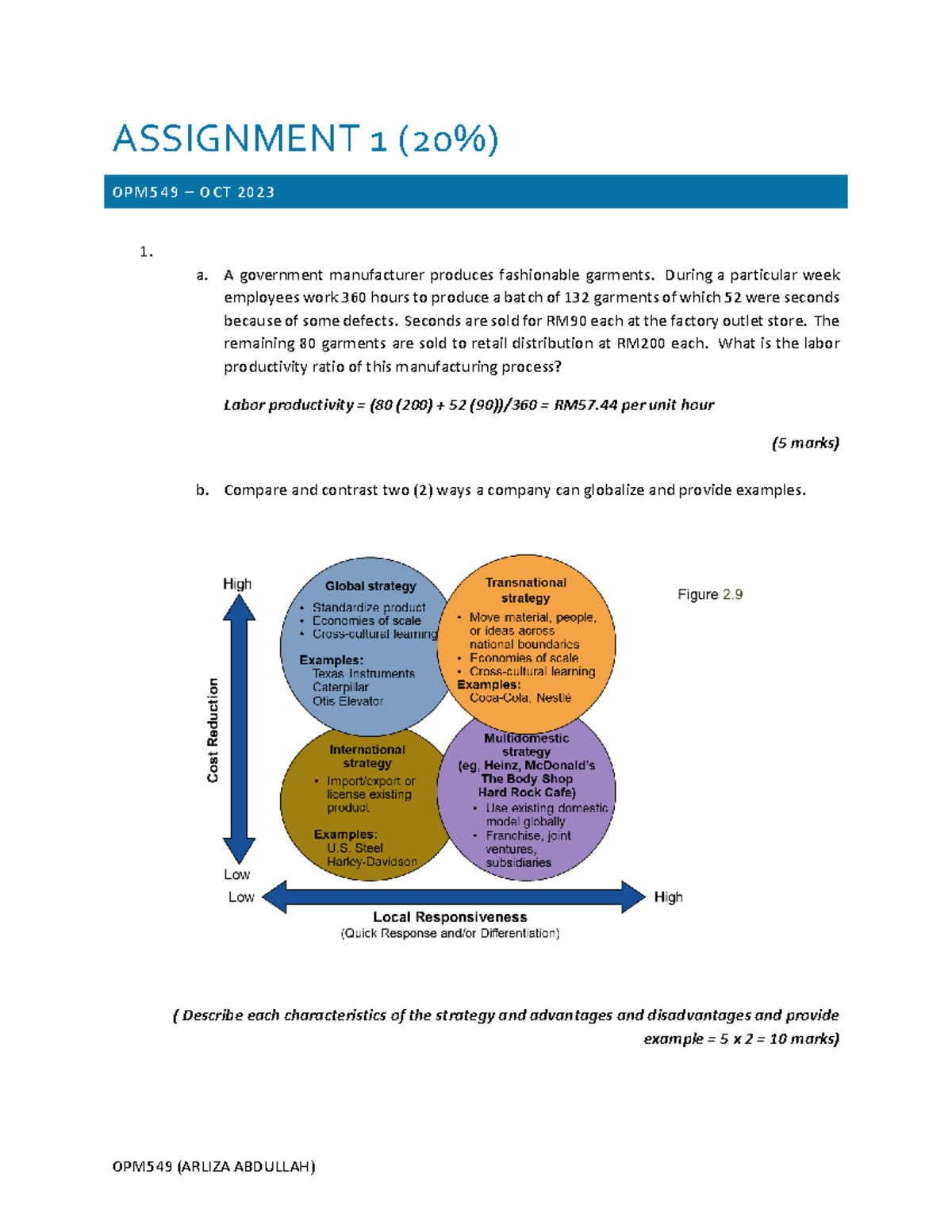 Answer Scheme Individual Assignment 1 PYQ - OPM549 (ARLIZA ABDULLAH) ASSIGNMENT 1 (20%) OPM5 49 ...