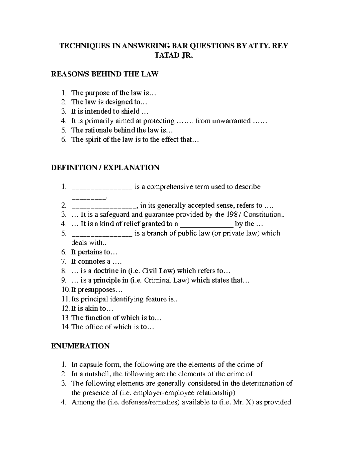 Tips in Answering the Bar - TECHNIQUES IN ANSWERING BAR QUESTIONS BY ...