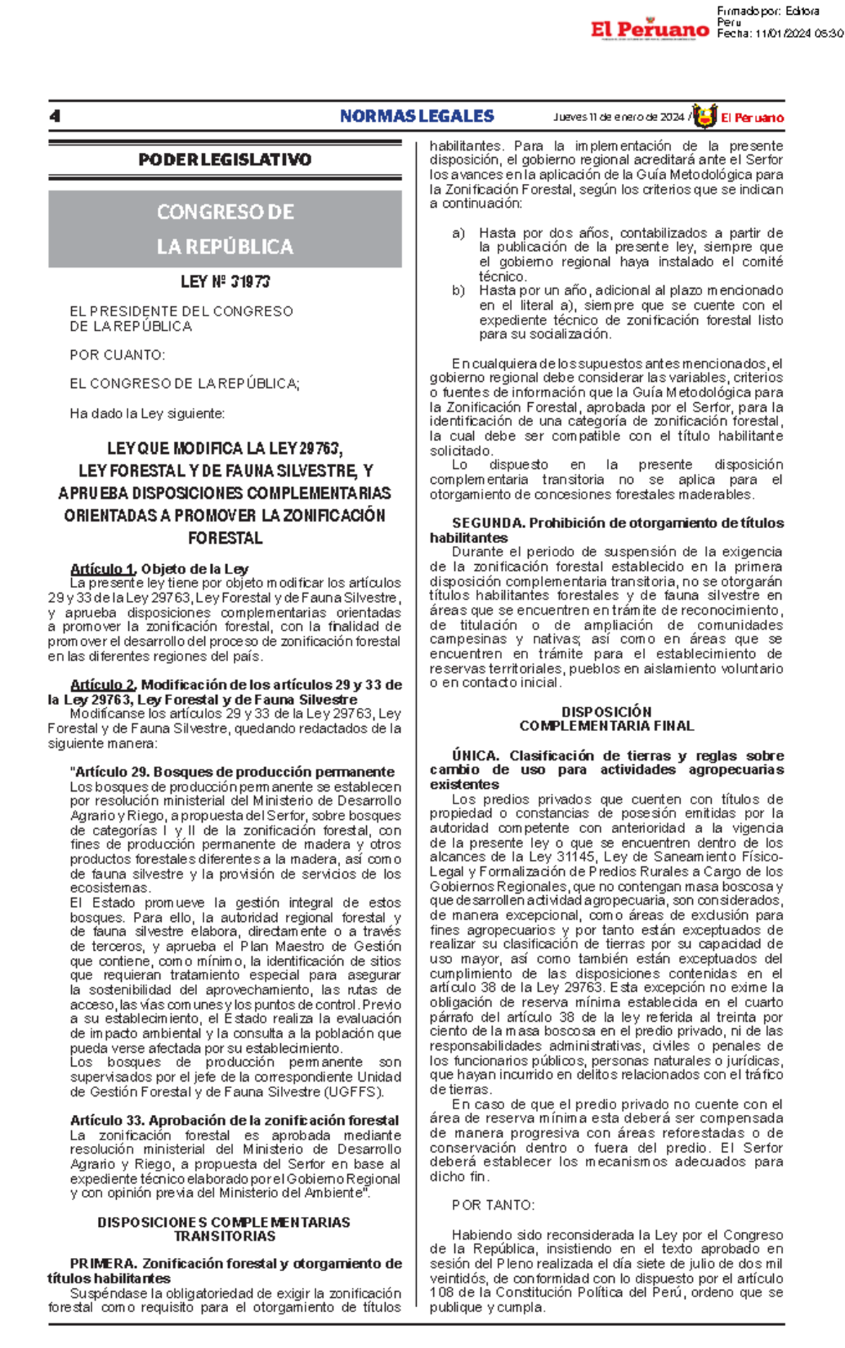 Ley-31973 - La ley - 4 NORMAS LEGALES Jueves 11 de enero de 2024 / El ...