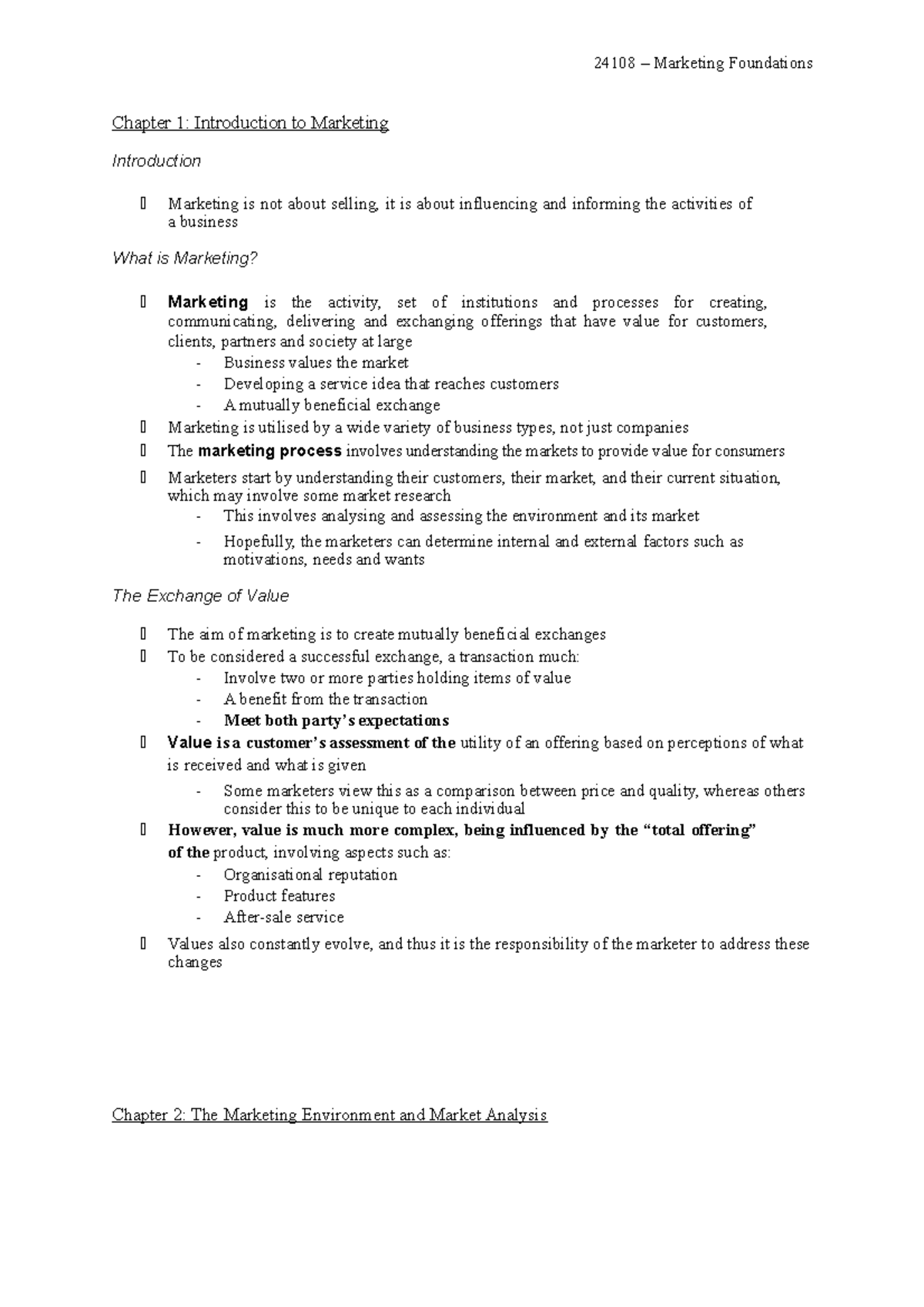 Full marketing notes - 24108 Marketing Foundations Chapter 1 ...