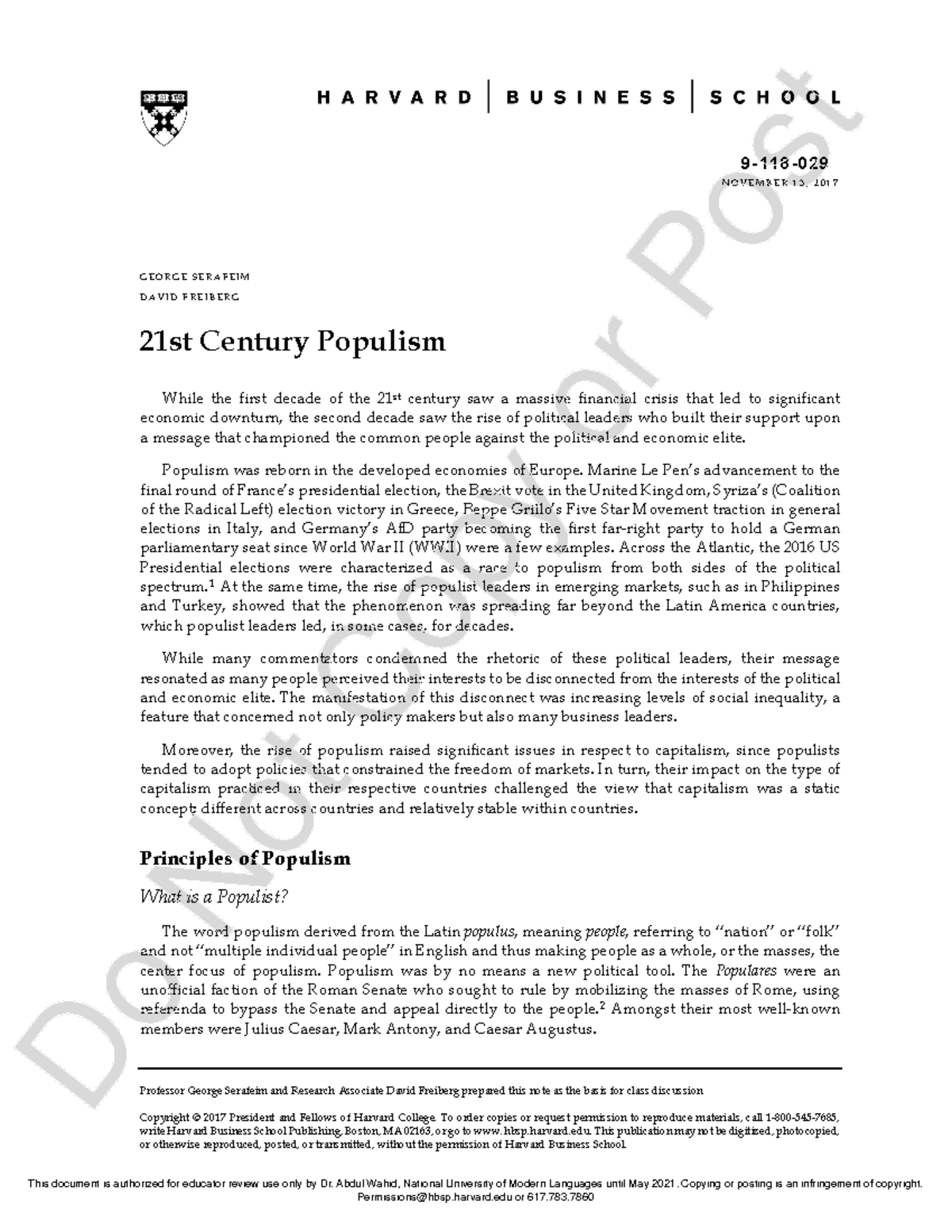 Popularism in Finance - 9-118- NOVEMBER 13, 2017 Professor George ...