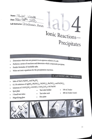 LAB 4 - Lab 4 on Ionic Reactions - Precipitates - 32 LAB 4: IONIC NOTES ...