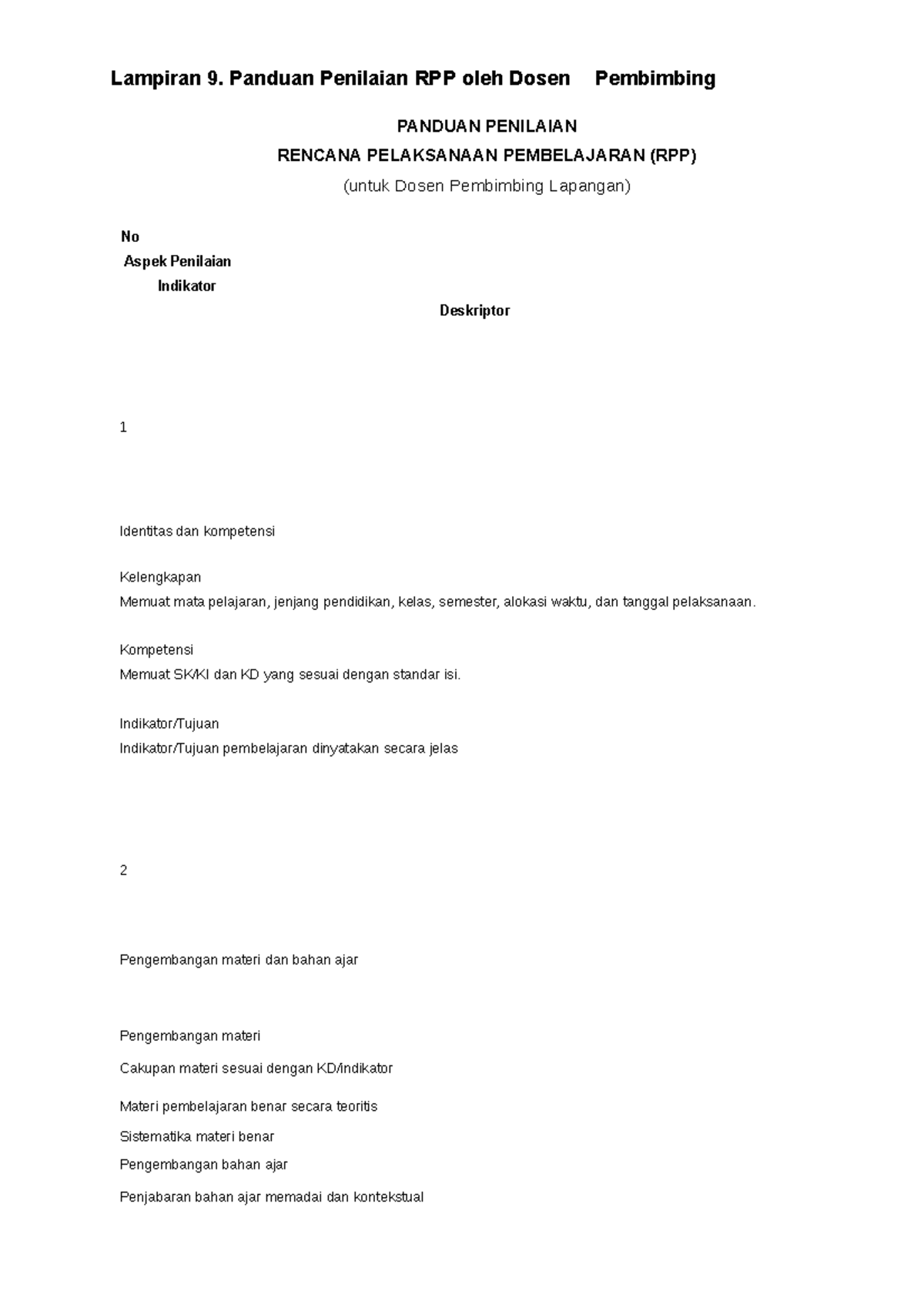 LP Modul AJAR - ggggg - Lampiran 9. Panduan Penilaian RPP oleh Dosen Pembimbing PANDUAN ...