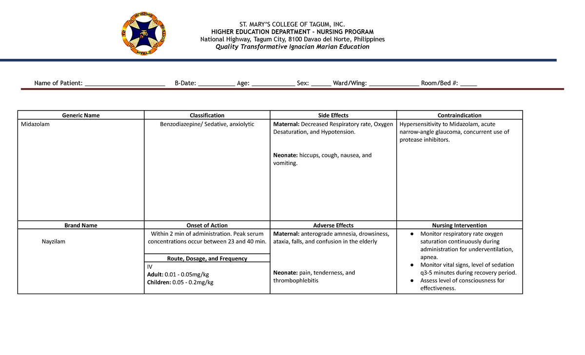 DRUG Study Format 2 - ST. MARY’S COLLEGE OF TAGUM, INC. HIGHER ...