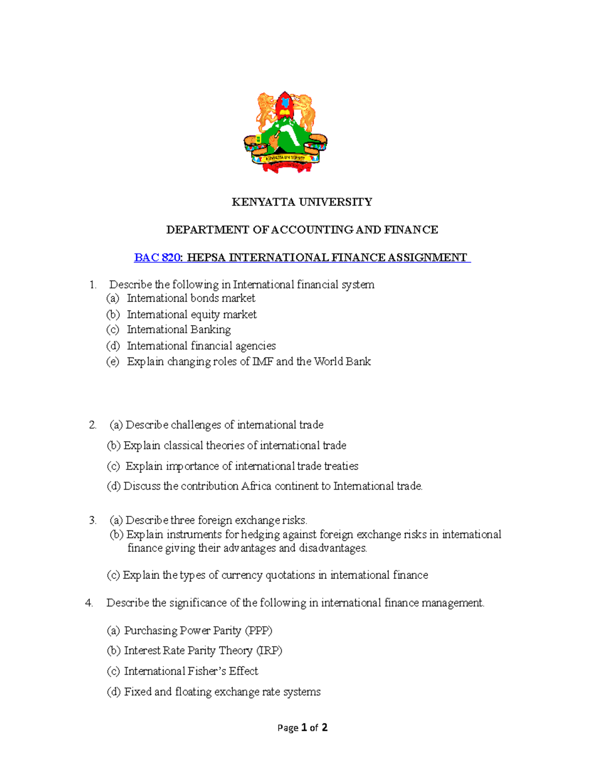 BAC 820 Hepsa International Finance Assignment - KENYATTA UNIVERSITY DEPARTMENT OF ACCOUNTING ...