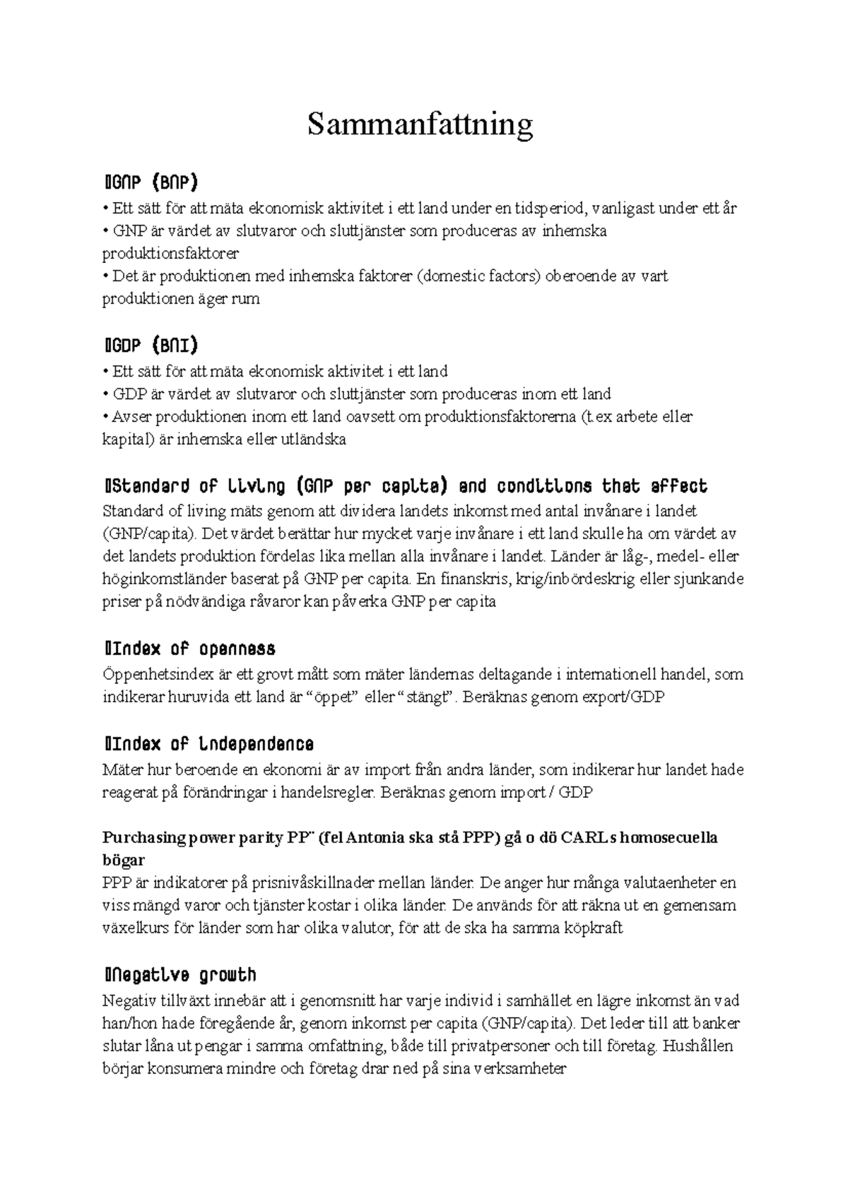 Sammanfattning inför tentan - Sammanfattning ⭐GNP (BNP) Ett sätt för ...