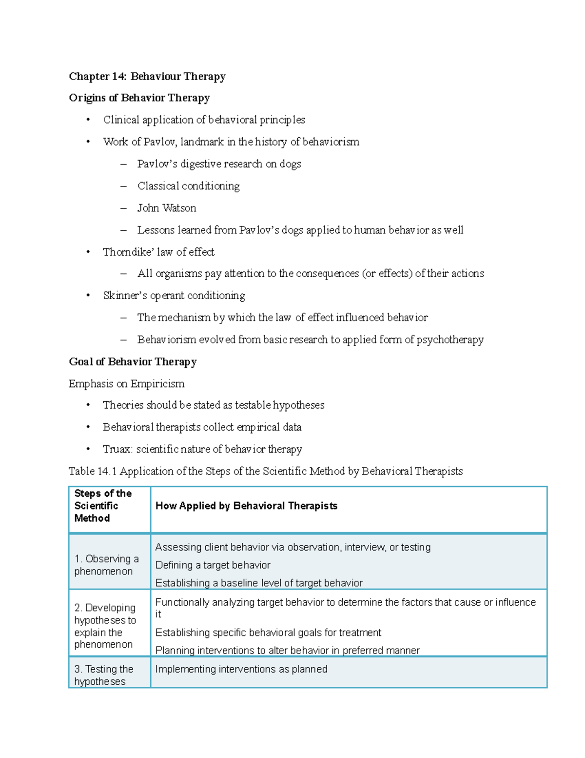 Psyc 345 Chapter 14 notes - Chapter 14: Behaviour Therapy Origins of ...