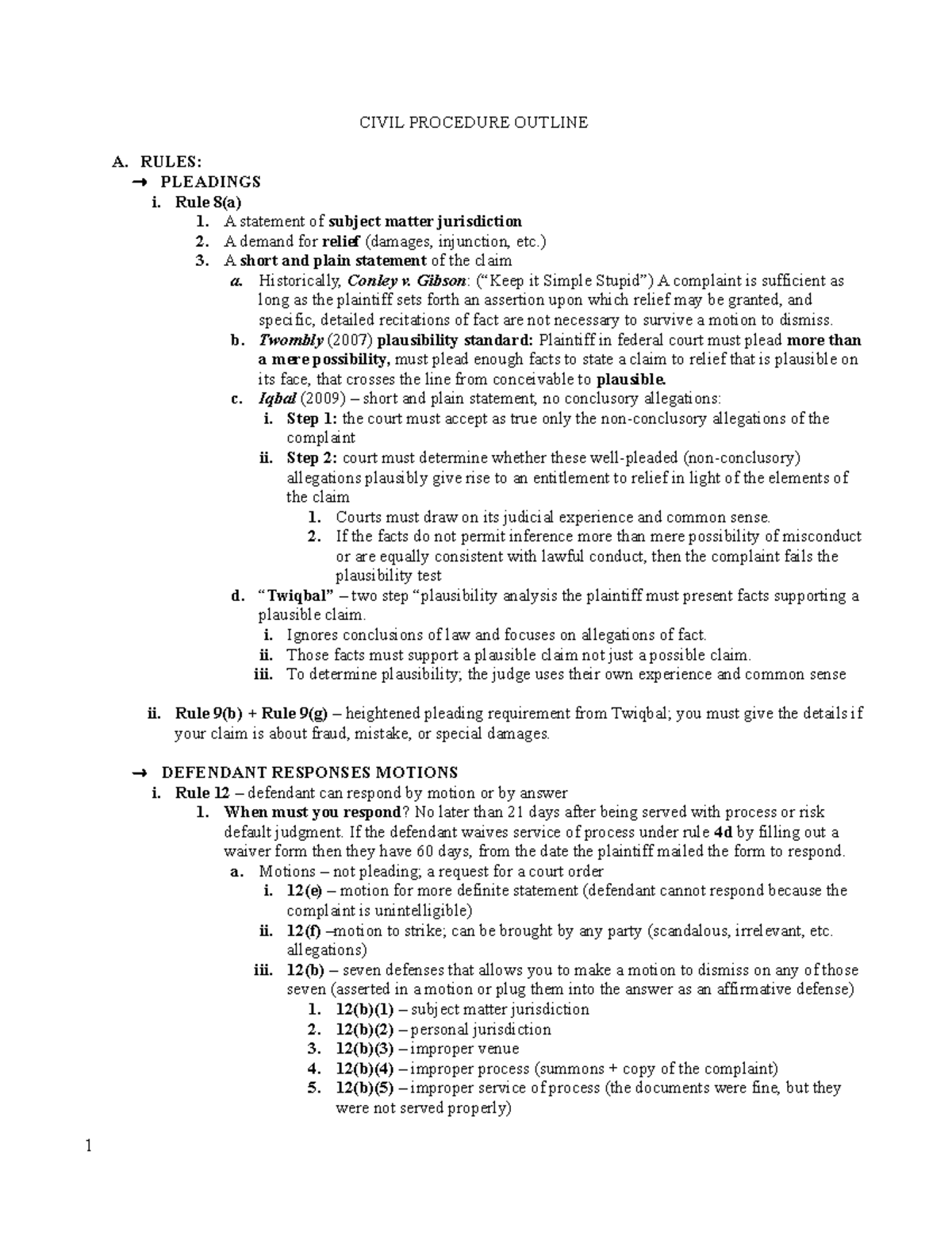 CIV PRO lecture notes_Eisenberg_UMD Carey - CIVIL PROCEDURE OUTLINE A ...