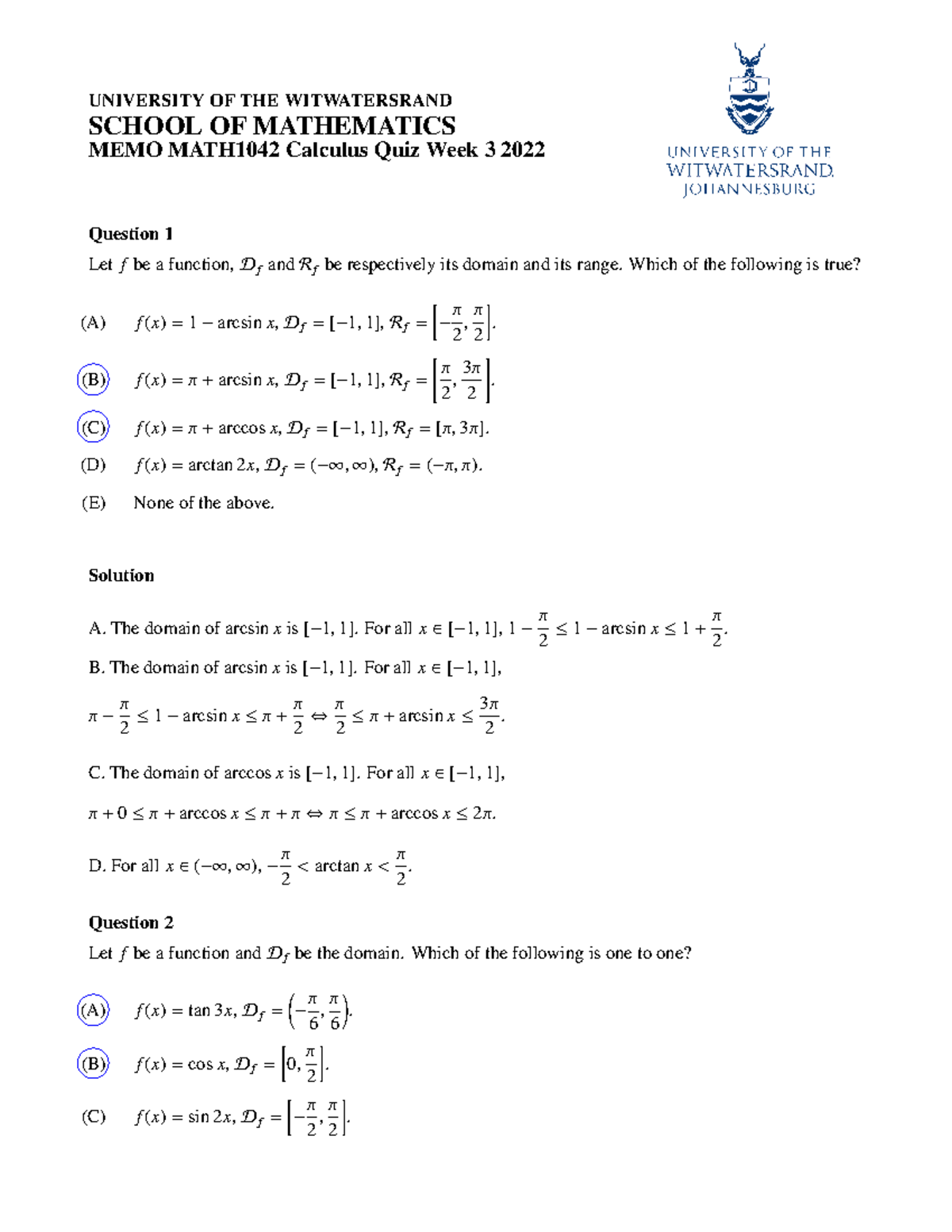 MEMO MCQ MATH1042 Calculus Week 3 2022 - UNIVERSITY OF THE ...