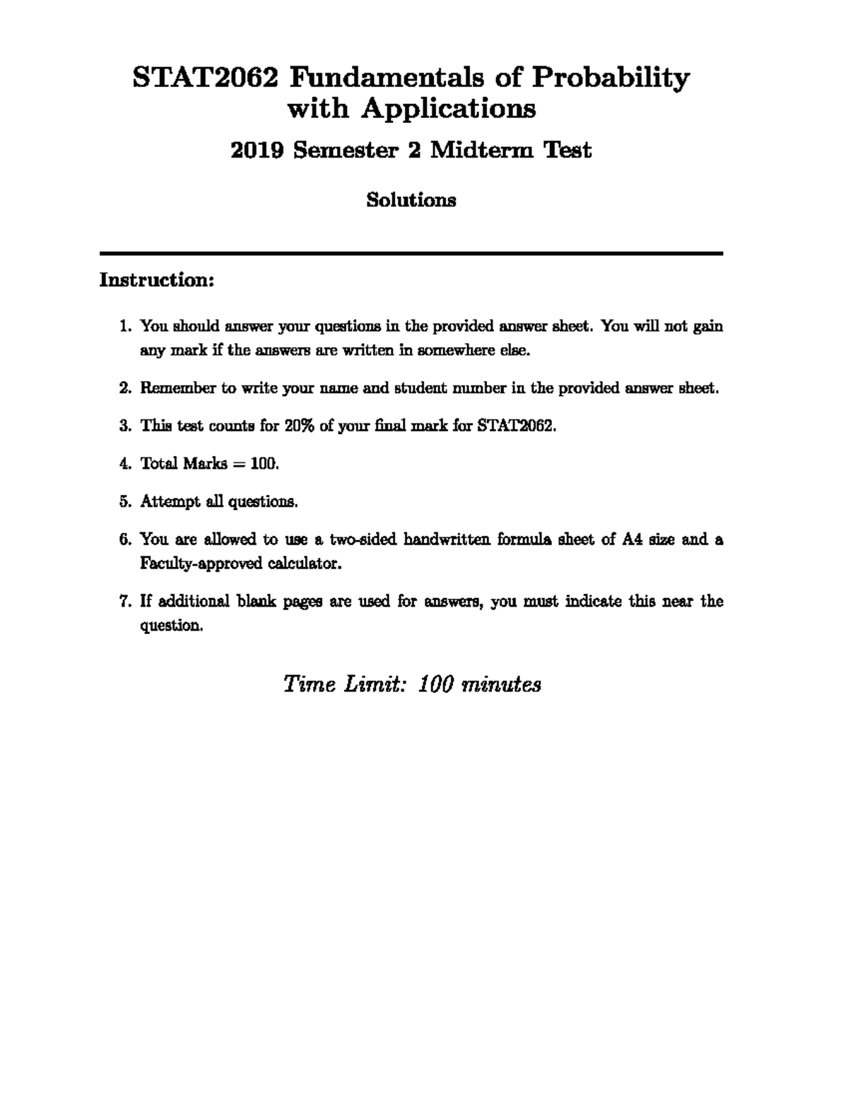 2019 Midterm Exam Sol - STAT2062 Fundamentals of Probability with Applications 2019 Semester 2 ...