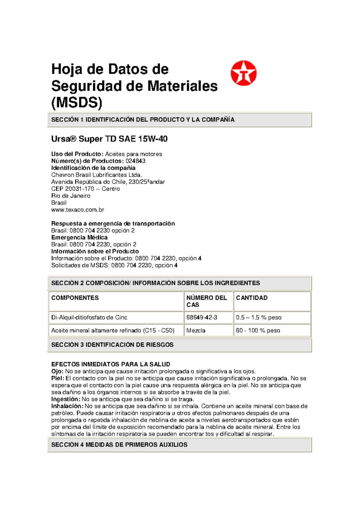 Ficha Seguridad Ursa Super TD 15W40 - Hoja de Datos de Seguridad de ...