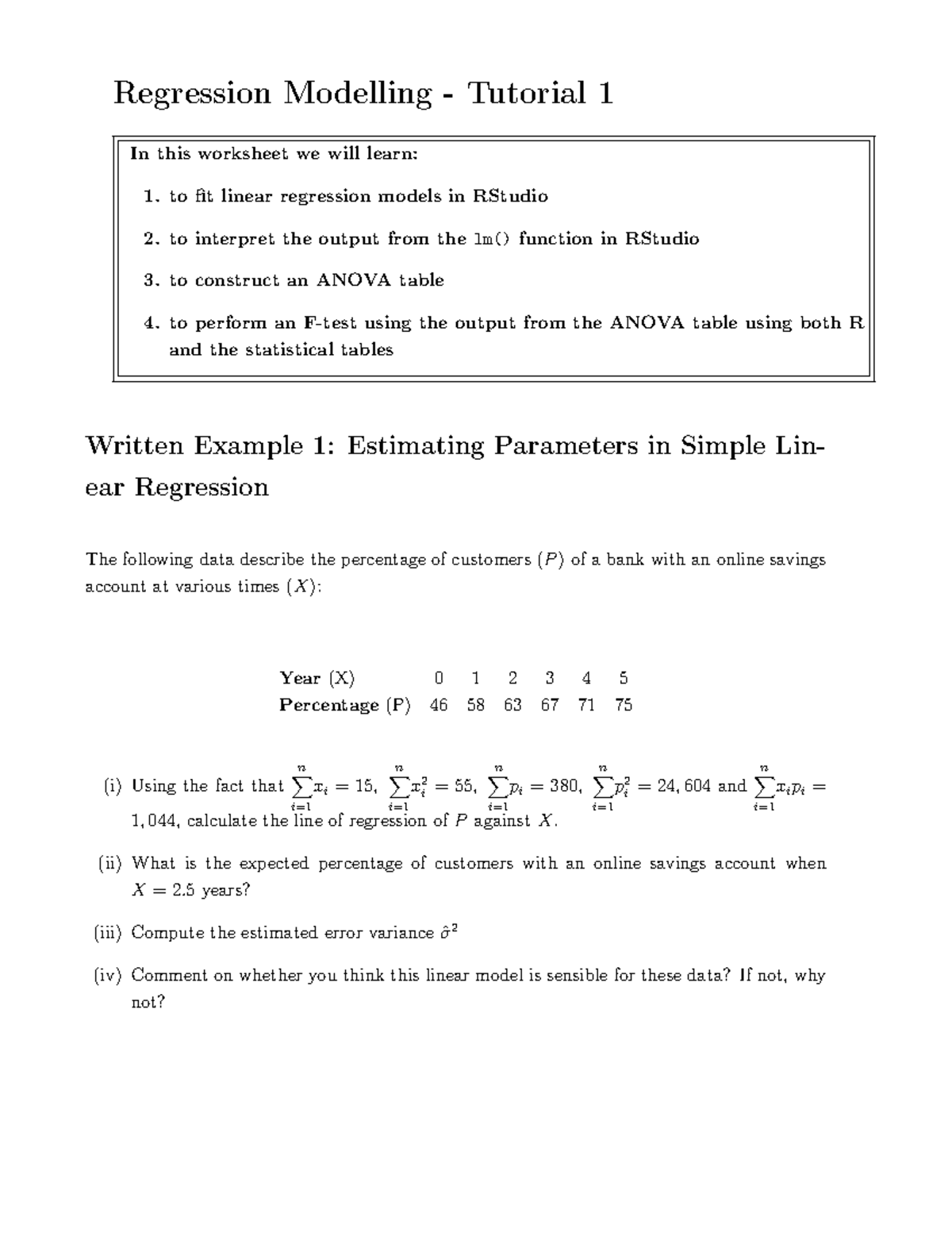 Lab 1 Tutorial Regression Modelling Tutorial 1 In This Worksheet We Will Learn To Fit