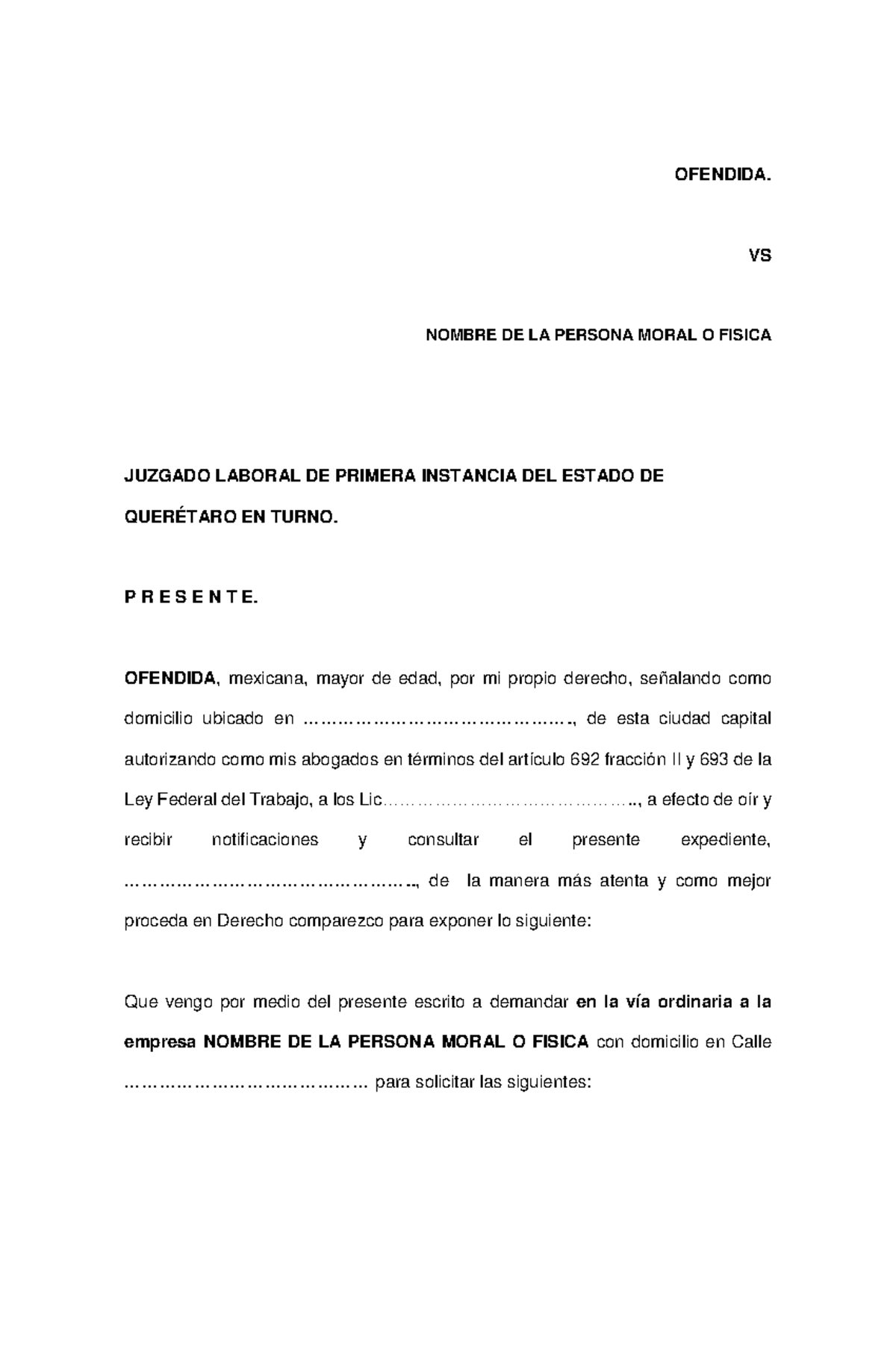 Acitivad 9. Derecho Colectivo y Practica Forense de Trabajo - OFENDIDA. VS NOMBRE DE LA PERSONA ...