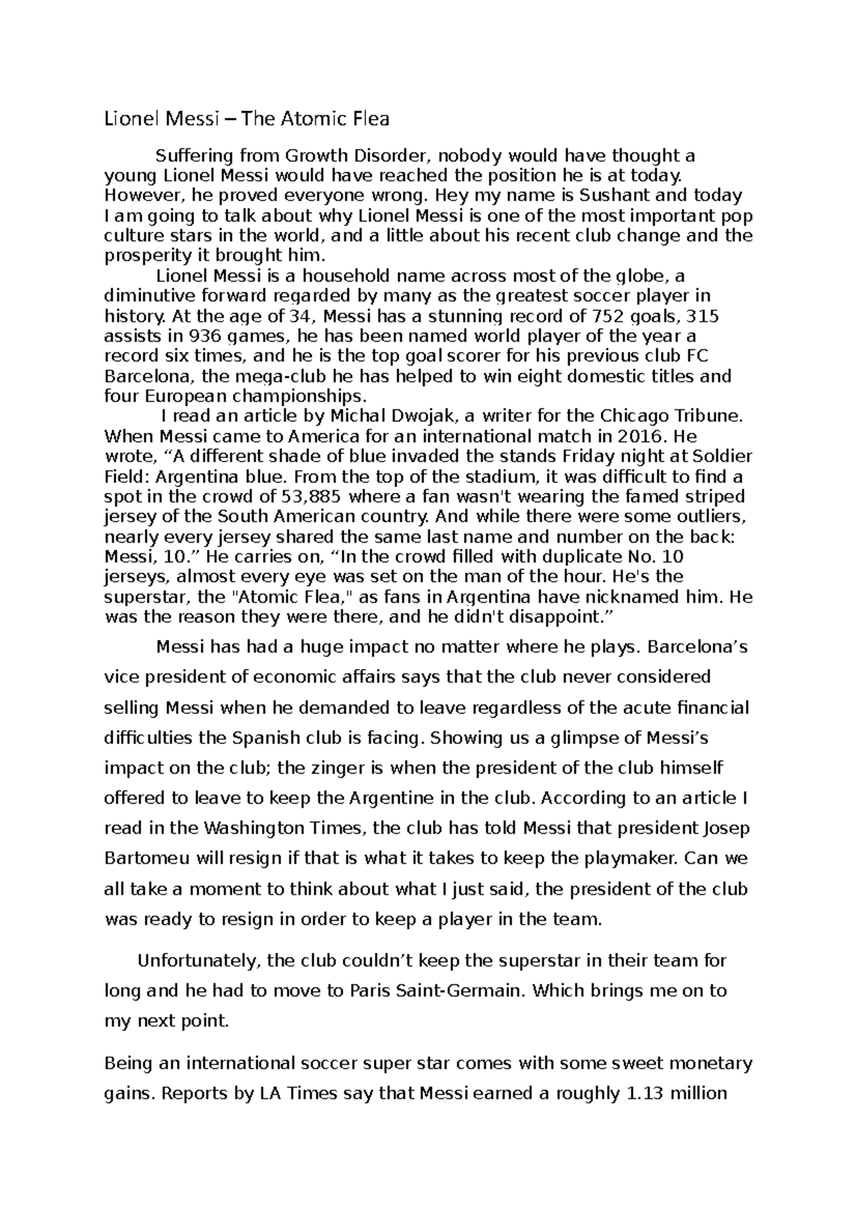 Power Point Speech Final Draft - Lionel Messi – The Atomic Flea ...