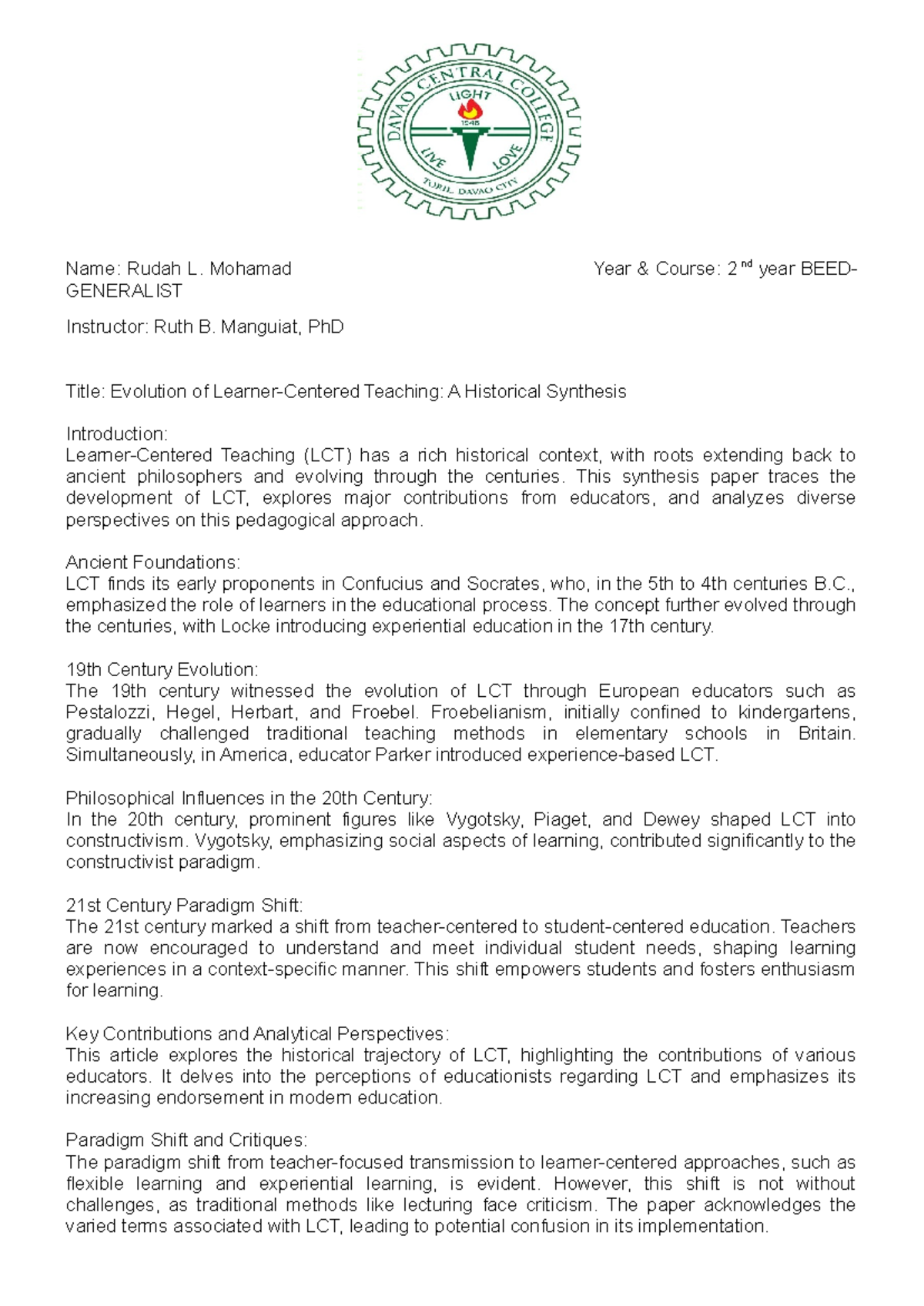 PED 6 Synthesis Paper - This is own idea. - Name: Rudah L. Mohamad Year ...