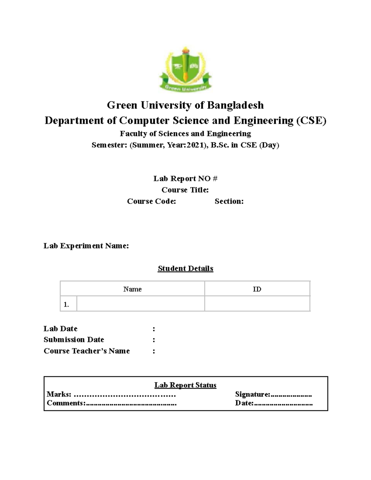Lab Report Template - Green University of Bangladesh Department of ...