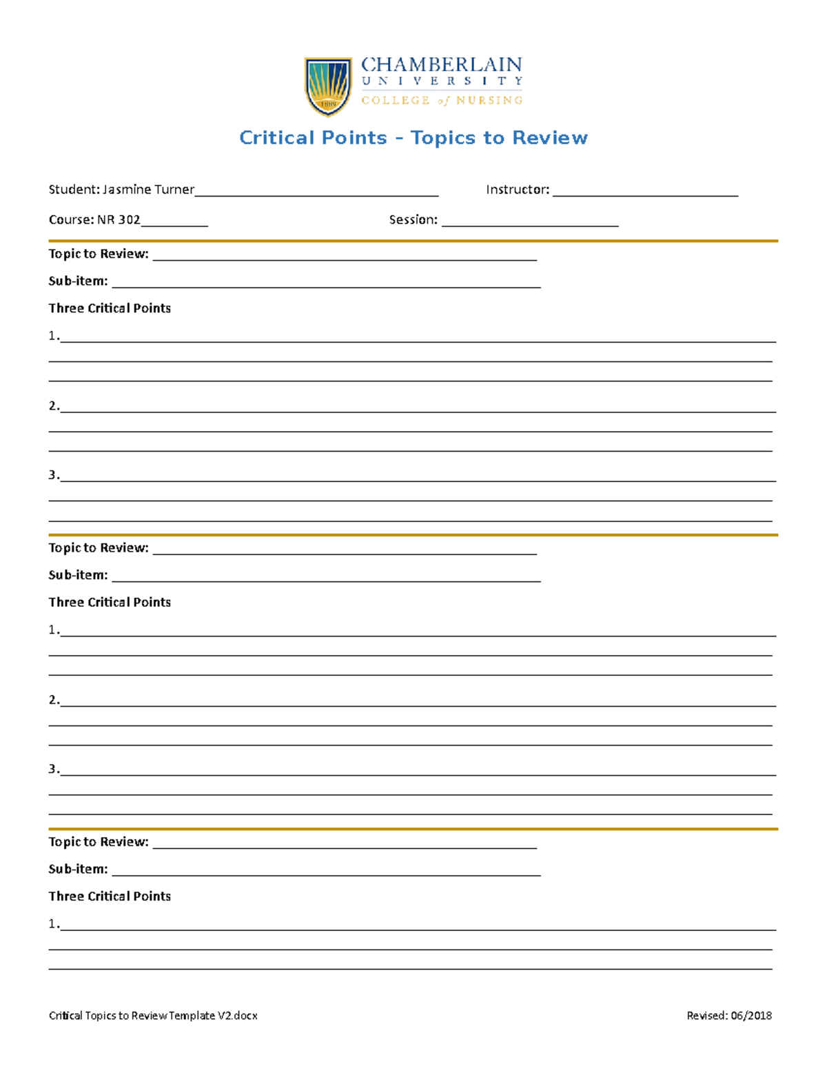 Critical Topics to Review Template - Student: Jasmine Turner