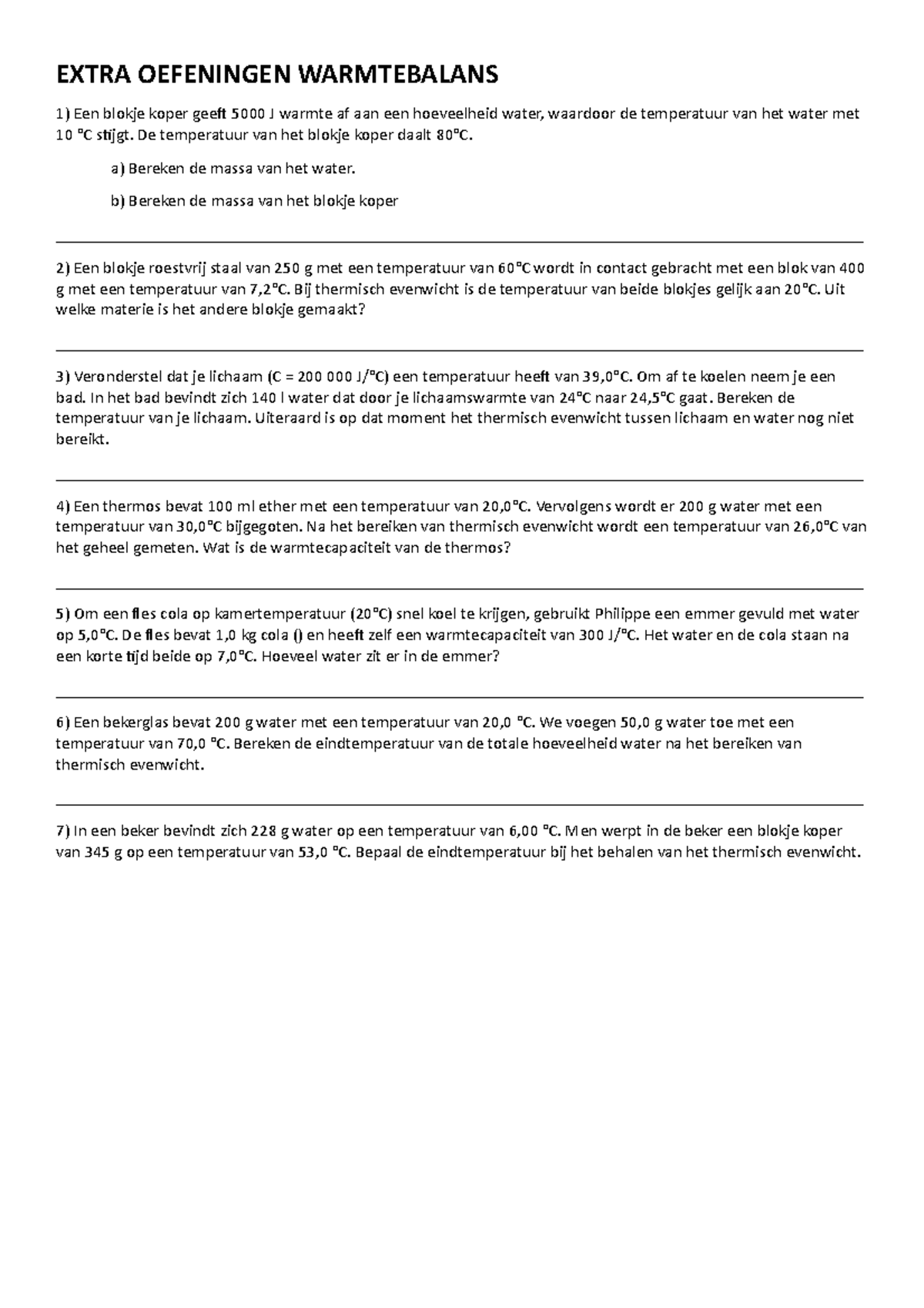 2.2. Warmtebalans - oefeningen - EXTRA OEFENINGEN WARMTEBALANS Een ...