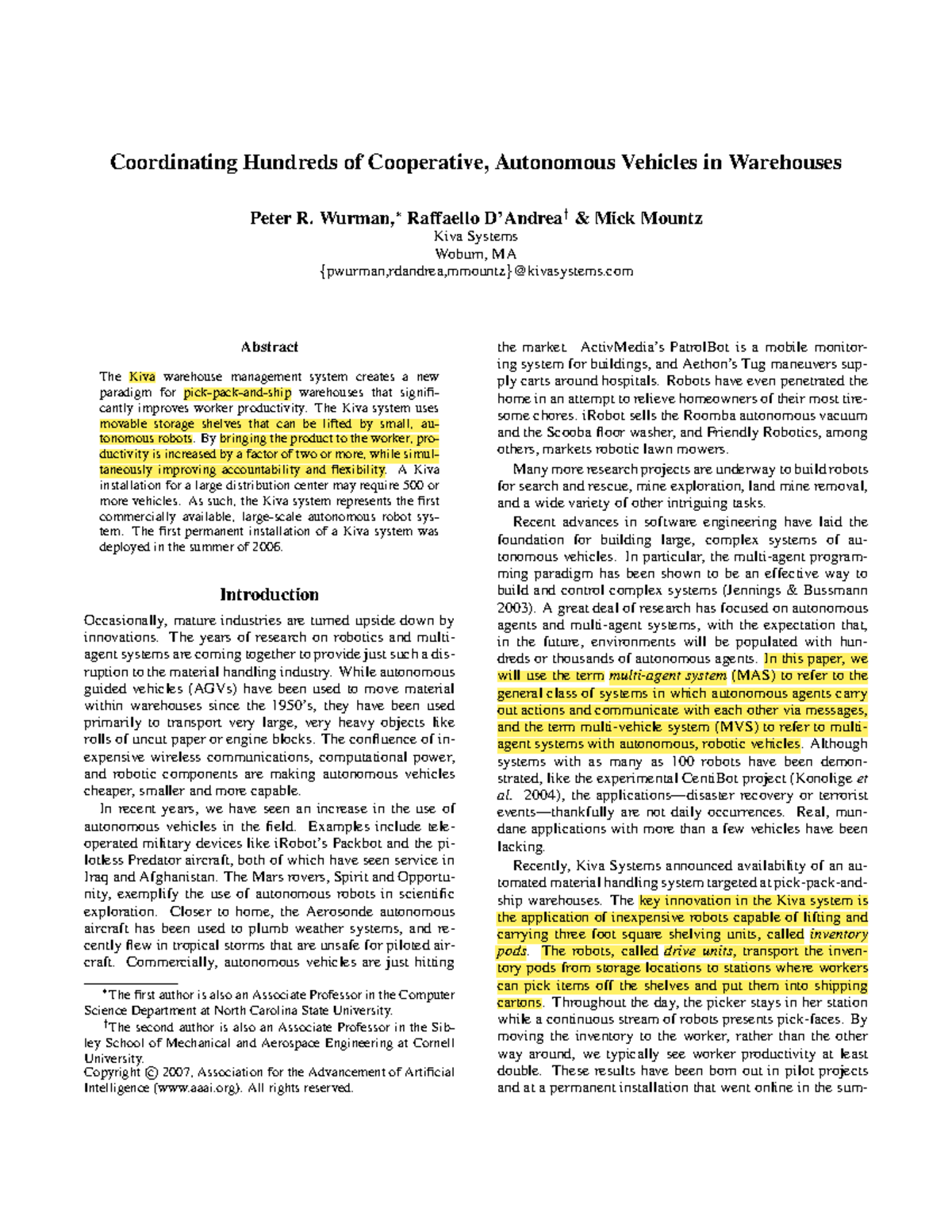 Article Wurman 2008 19 The Role Of Cooperative Agents In A Modern Warehouse Concept 