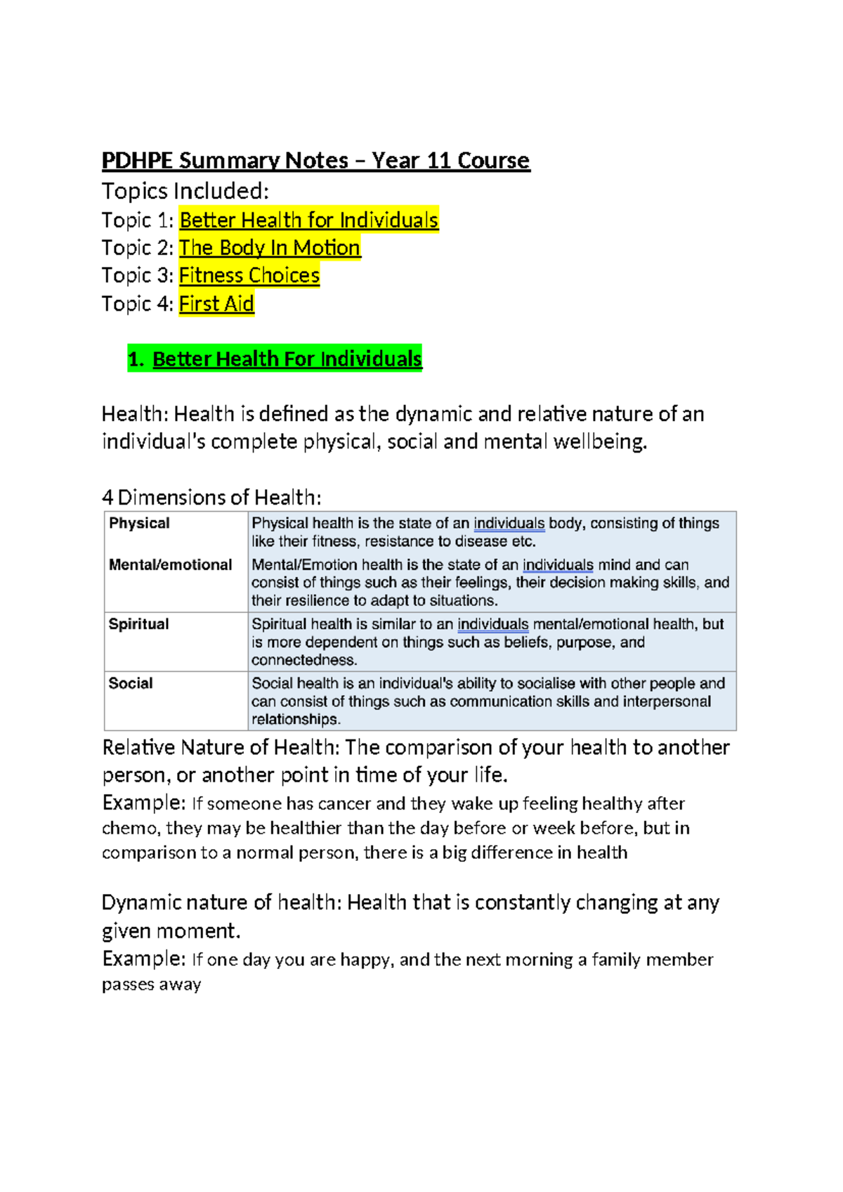 Pdhpe summary notes - PDHPE Summary Notes – Year 11 Course Topics ...