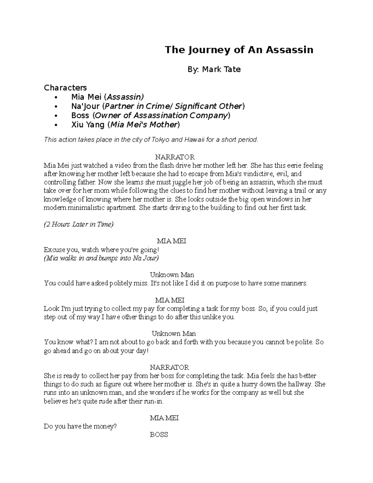 Playwrighting Project - The Journey of An Assassin By: Mark Tate ...