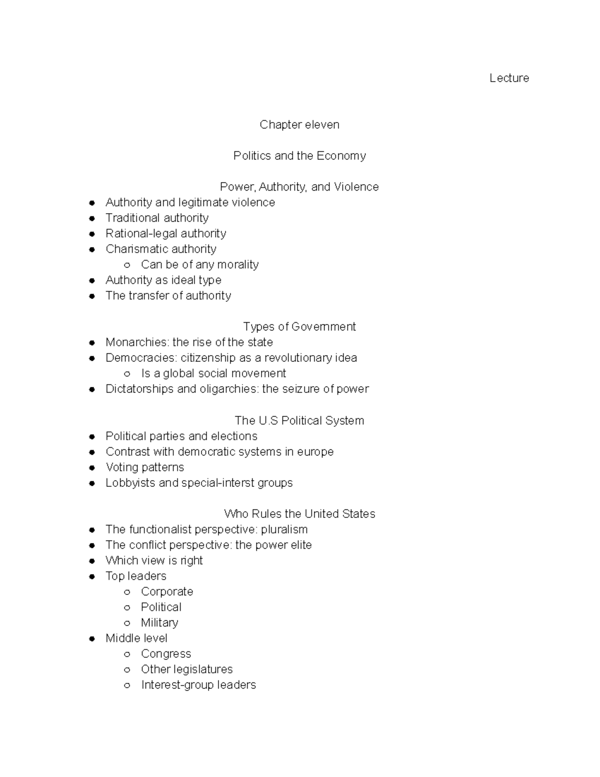 Sociology ch11 - Lecture Chapter eleven Politics and the Economy Power ...