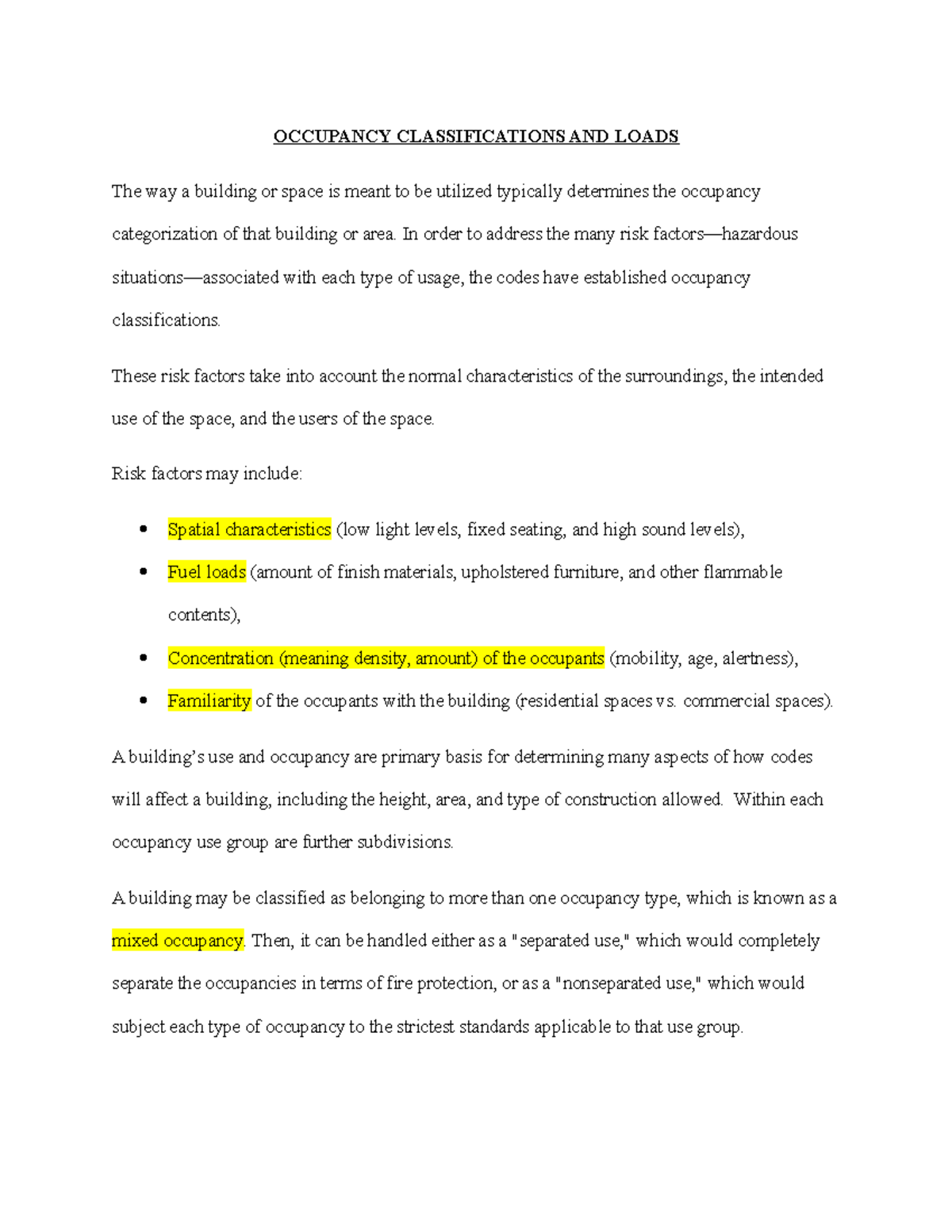 Occupancy Classifications and Loads - OCCUPANCY CLASSIFICATIONS AND ...