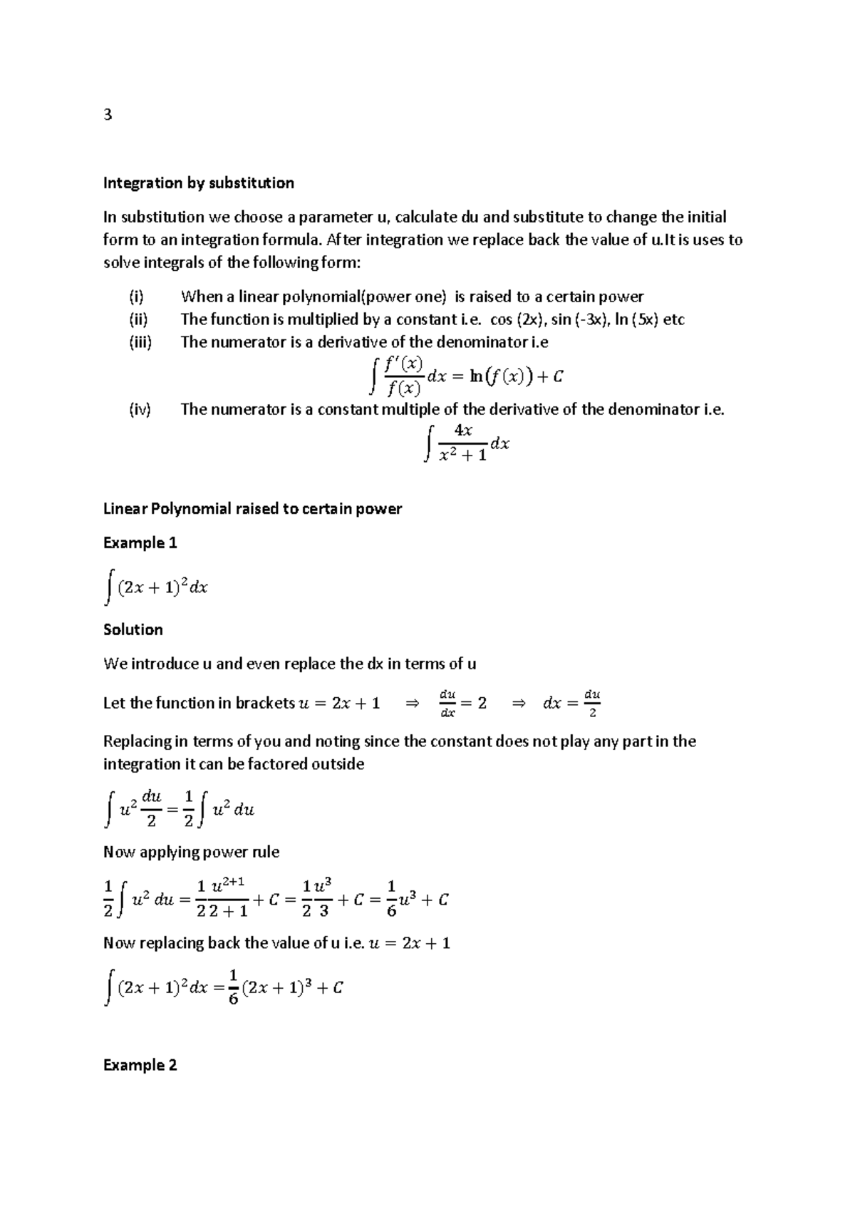 Lesson 3 calculus 2 notes - 3 Integration by substitution In ...