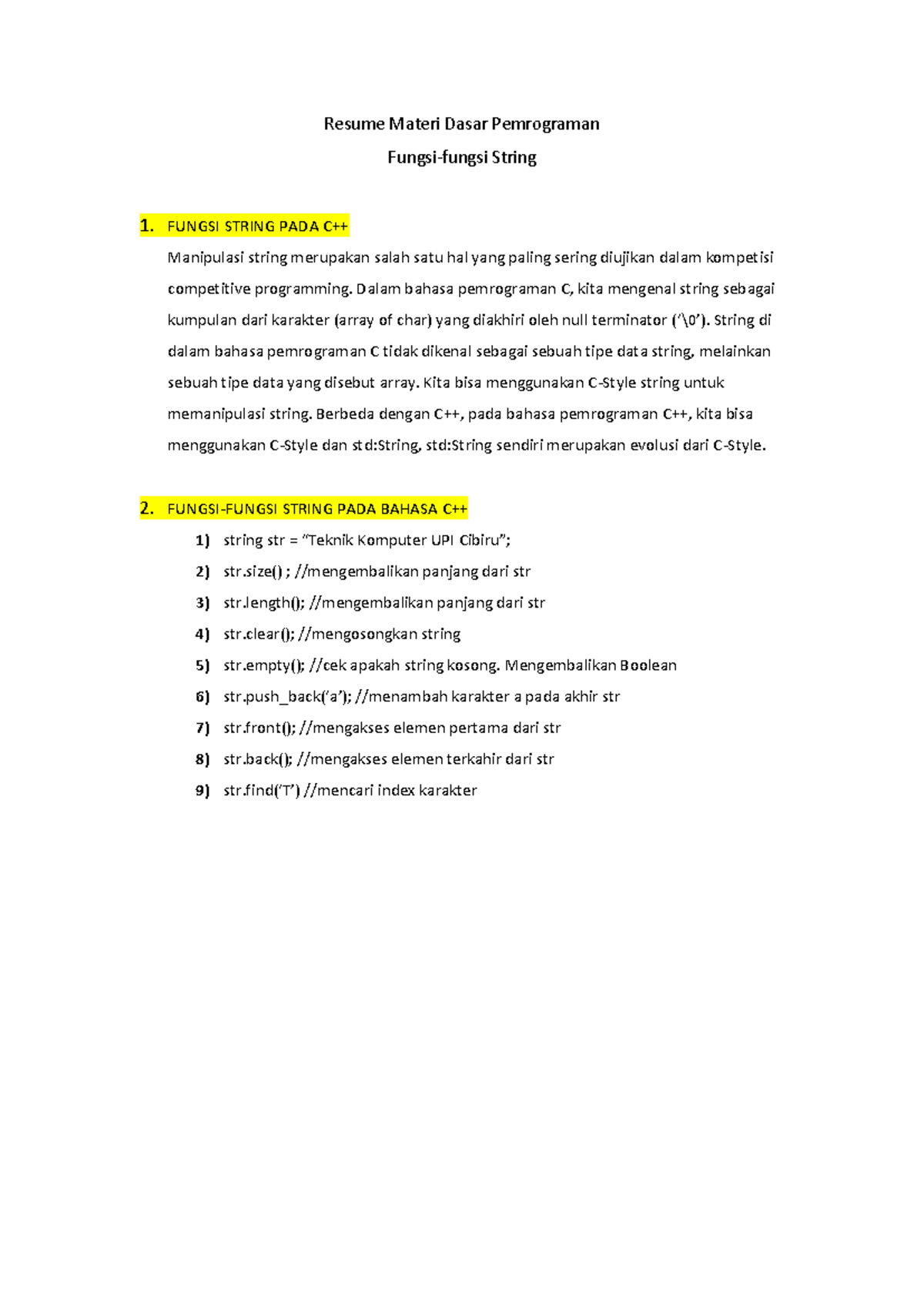 Fungsi String - Resume Materi Dasar Pemrograman Fungsi-fungsi String 1 ...