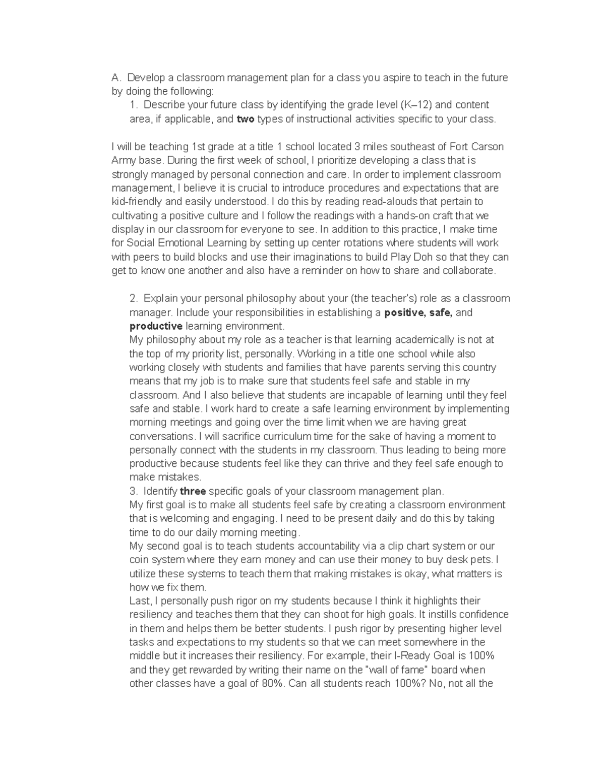 DKM3 Task 1 - Passed - A. Develop a classroom management plan for a ...