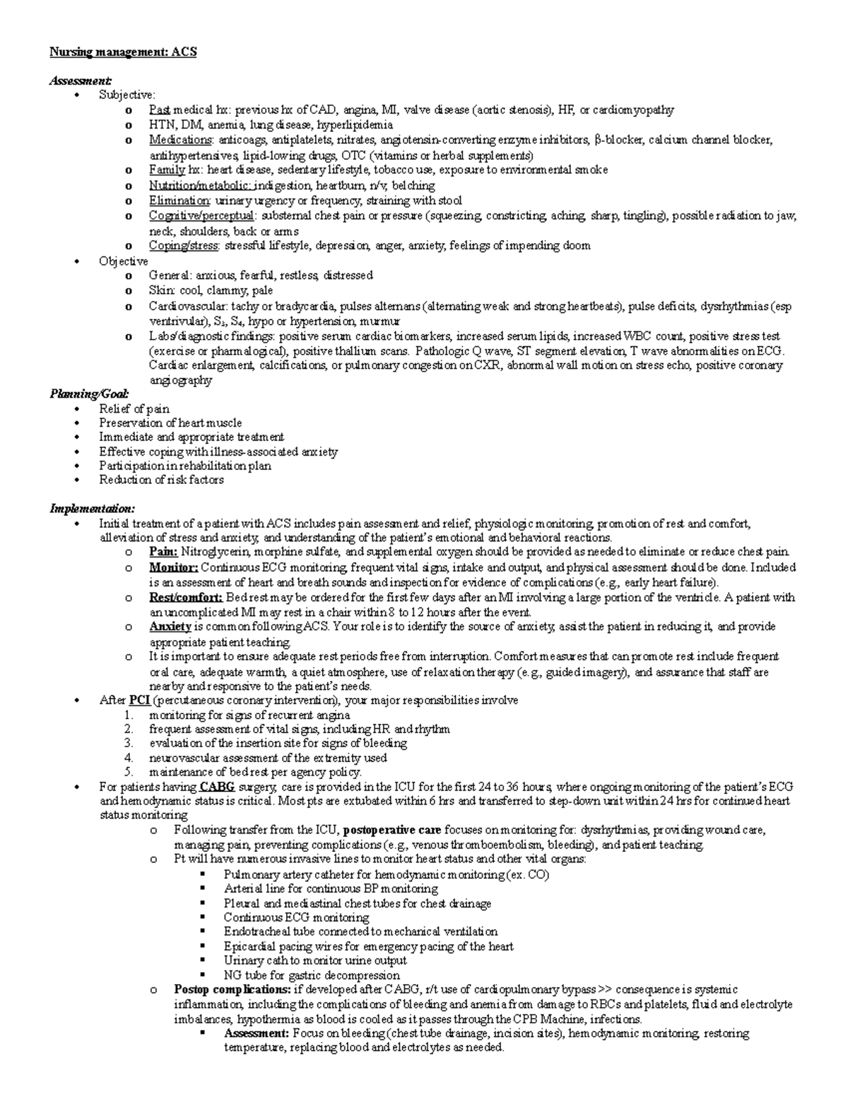 Nursing management ACS - Nursing management: ACS Assessment: Subjective ...