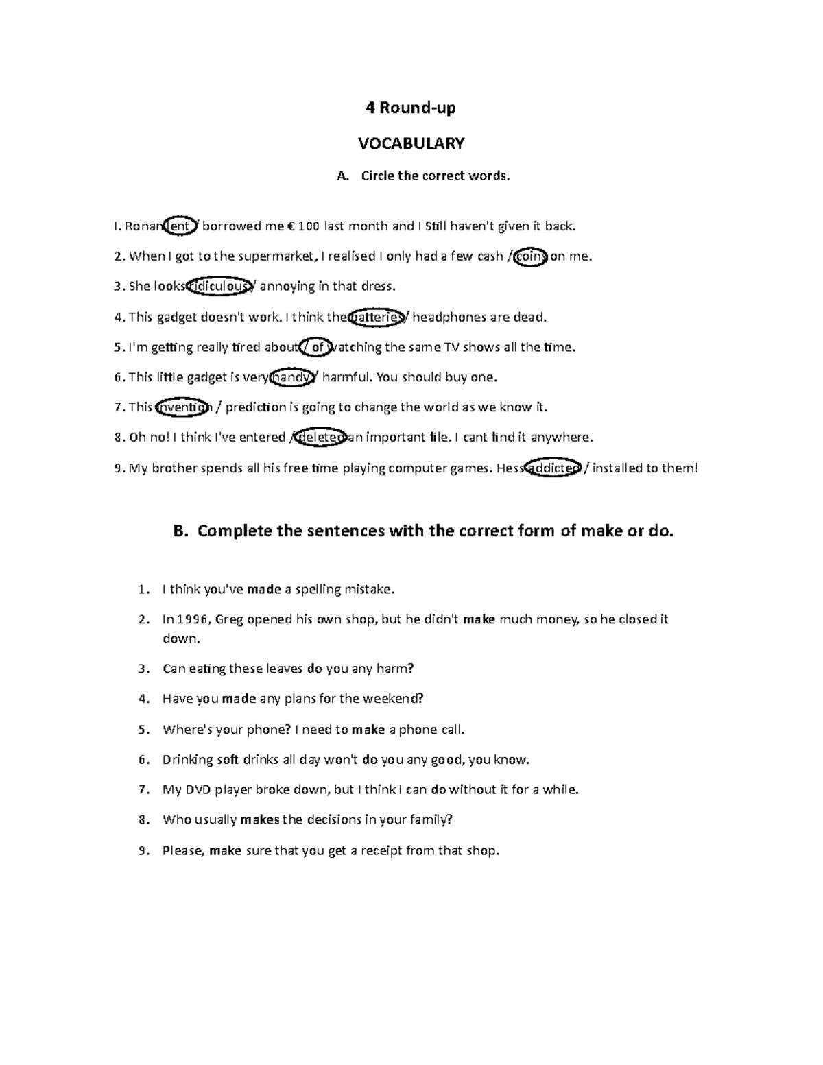 4 Round - ssssssssssss - 4 Round-up VOCABULARY A. Circle the correct ...