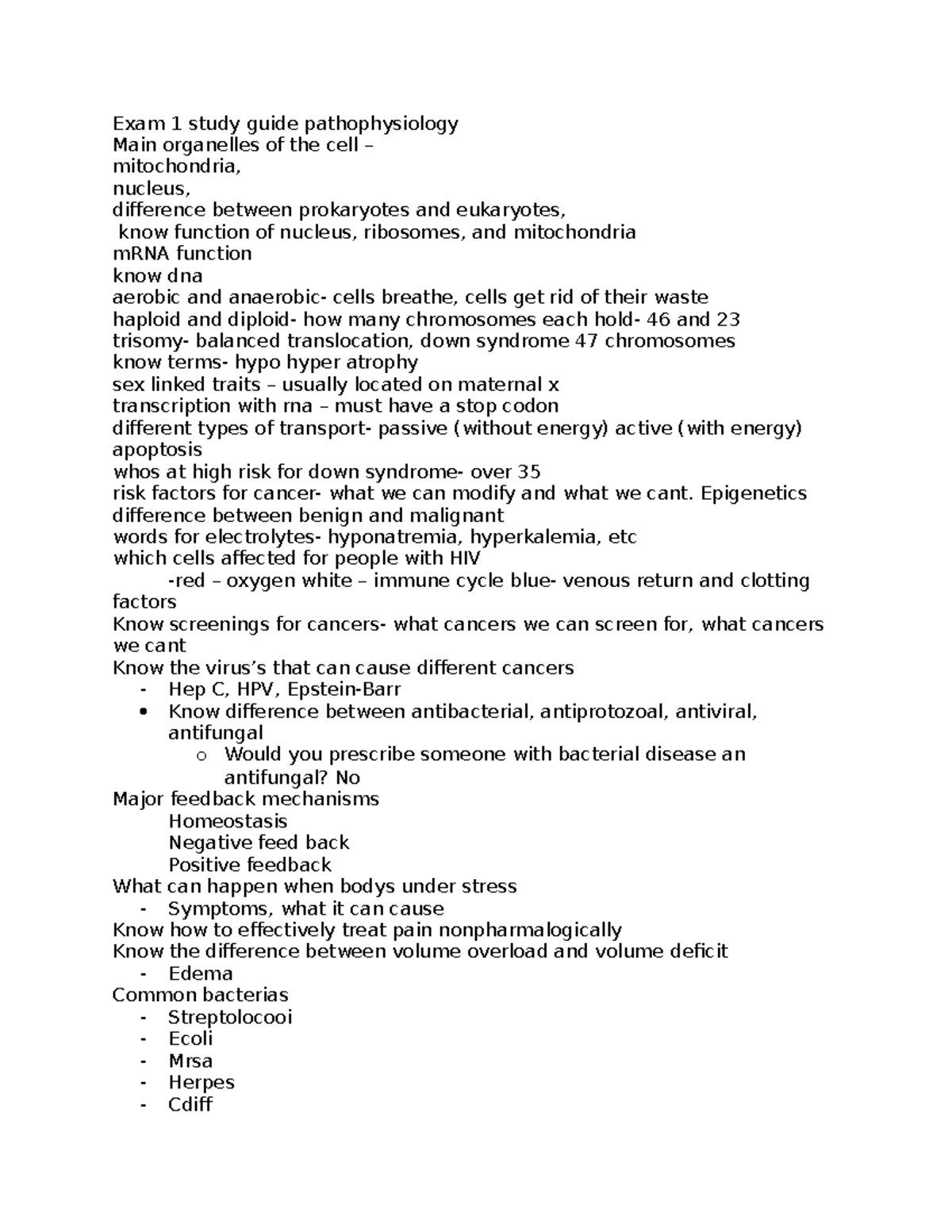 Exam 1 study guide pathophysiology - Exam 1 study guide pathophysiology ...